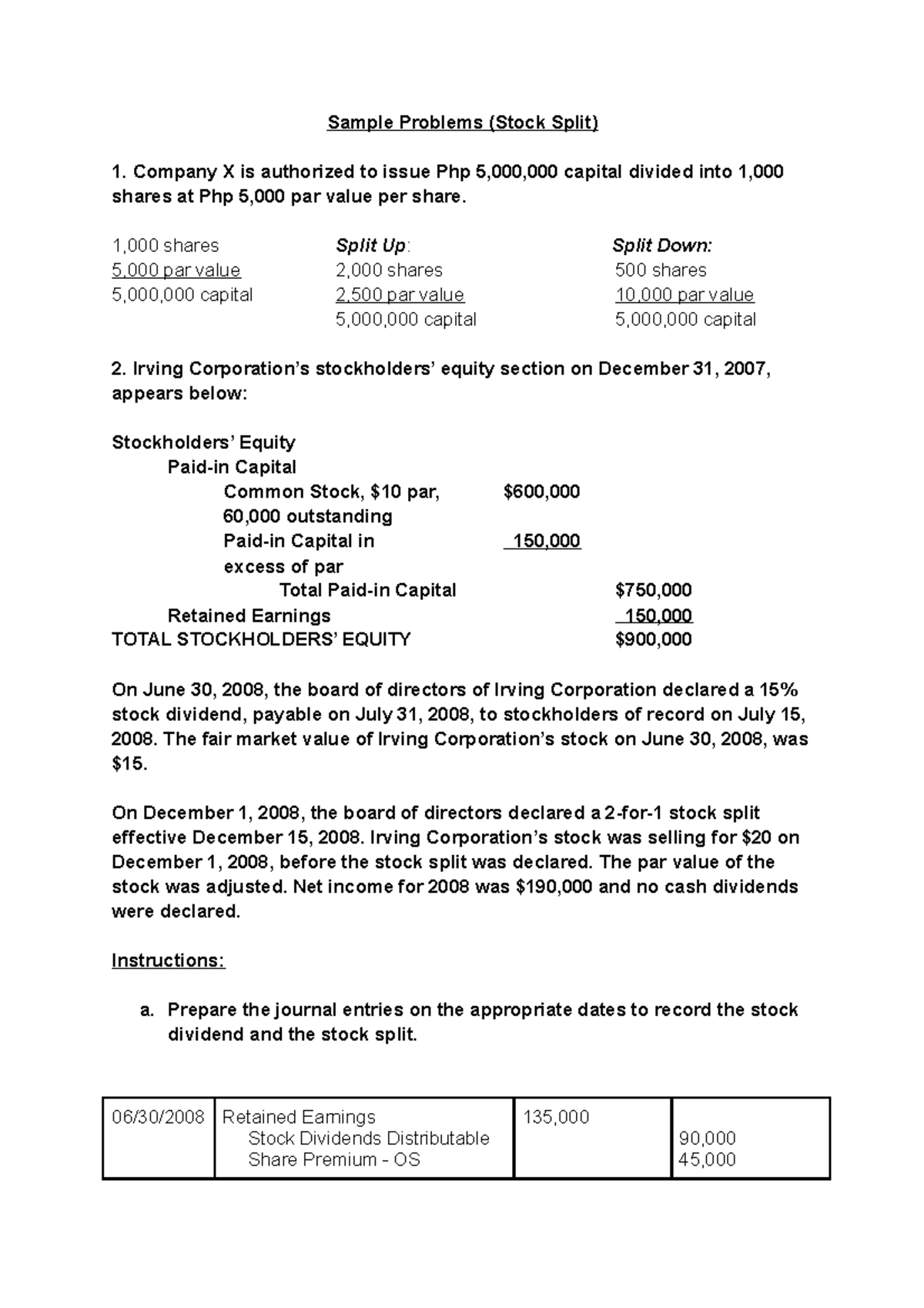 Stock Split Sample Problems and Journal Entries Analysis - Studocu
