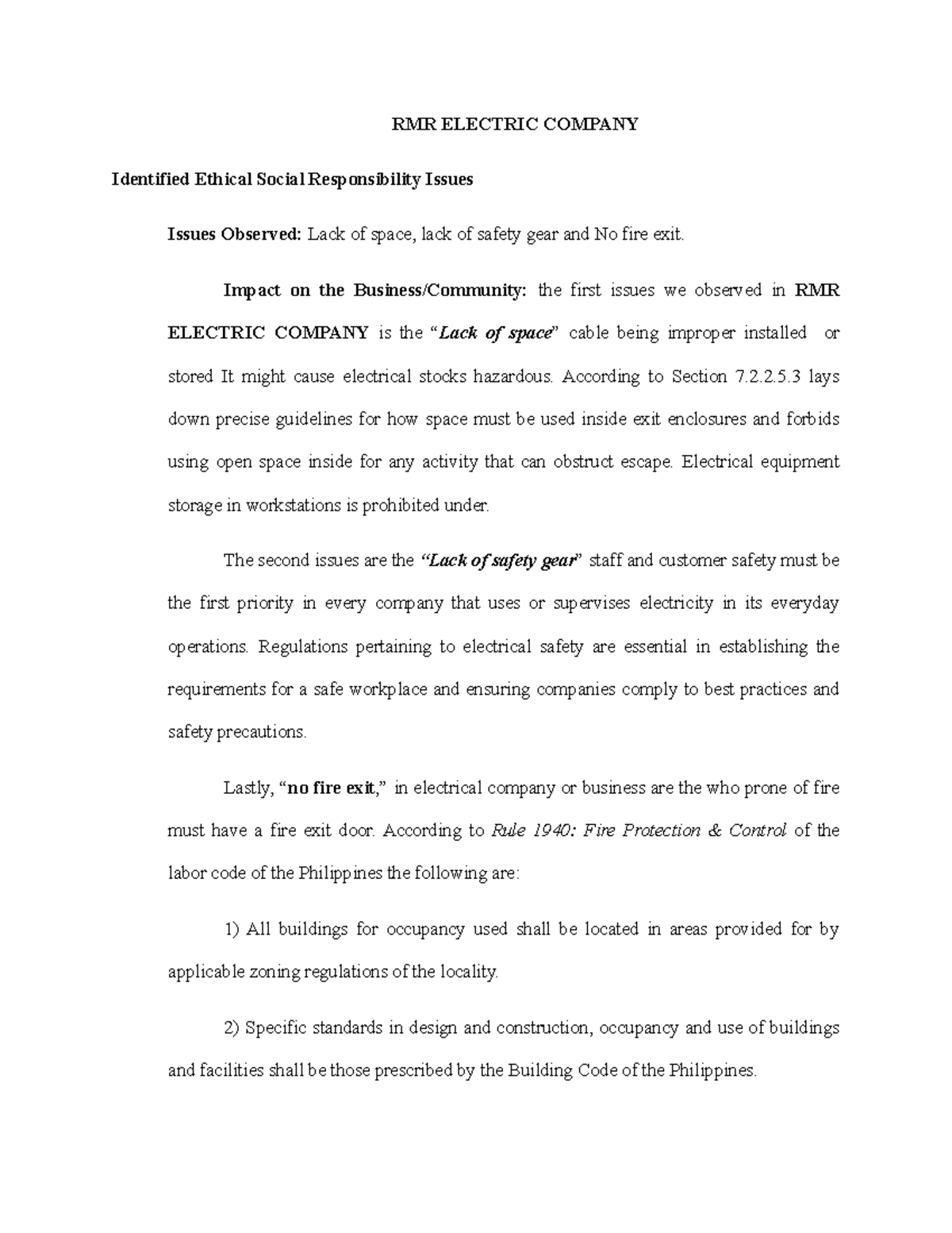 RMR Electric- Action PLAN - RMR ELECTRIC COMPANY Identified Ethical ...