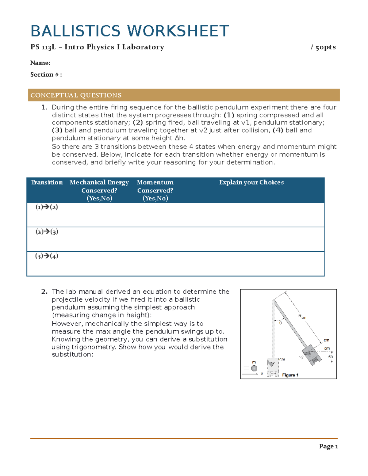 Ballistics worksheet - BALLISTICS WORKSHEET PS 113L – Intro Physics I ...