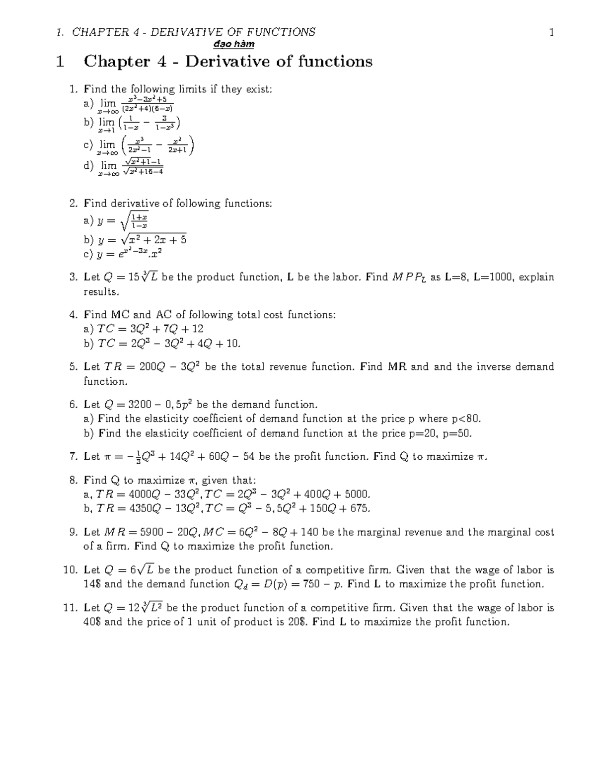 Exercise C4-no-Ans - làm là được A+ - 1. CHAPTER 4 - DERIVATIVE OF FUNCTIONS 1 1 Chapter 4 ...