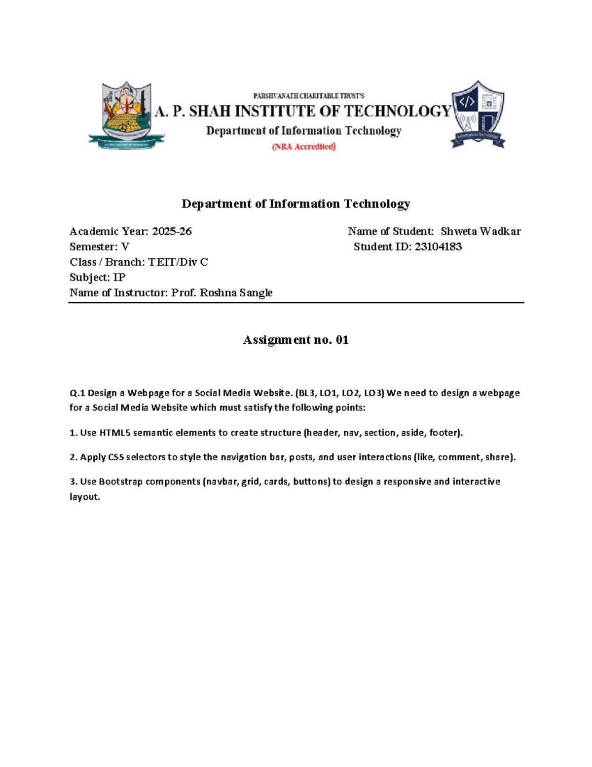IP Assignment 01: Webpage Design for Social Media (BL3, LO1-3) - Studocu