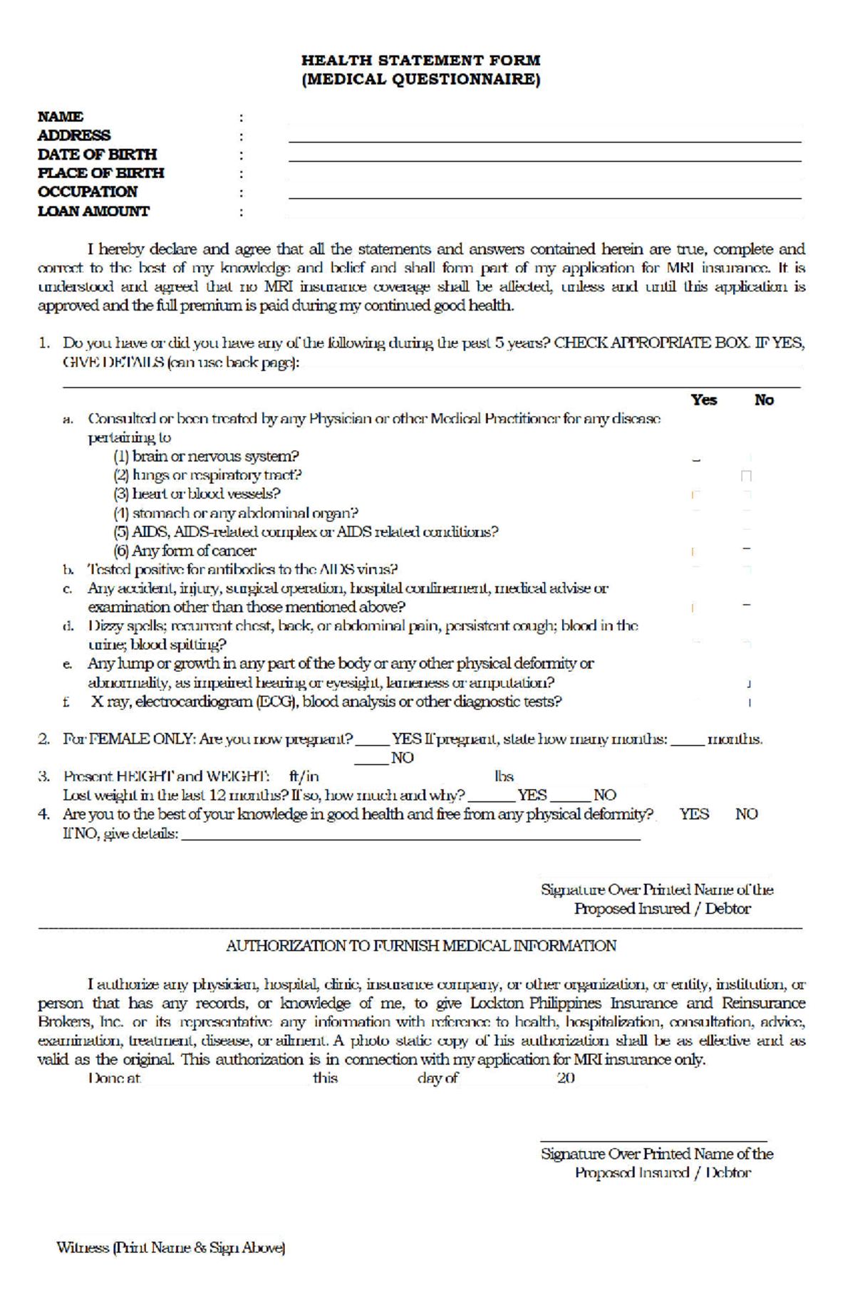 HEALTH STATEMENT FORM FOR MRI INSURANCE APPLICATION - Studocu