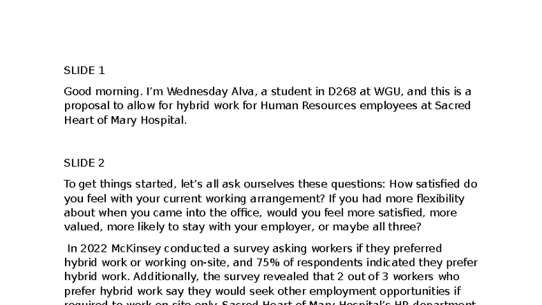 D268 Proposal for Hybrid Work Model in HR at Sacred Heart Hospital ...