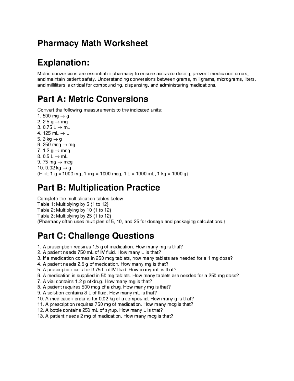 Pharmacy Math Worksheet: Metric Conversions & Practice (PHAR 101) - Studocu