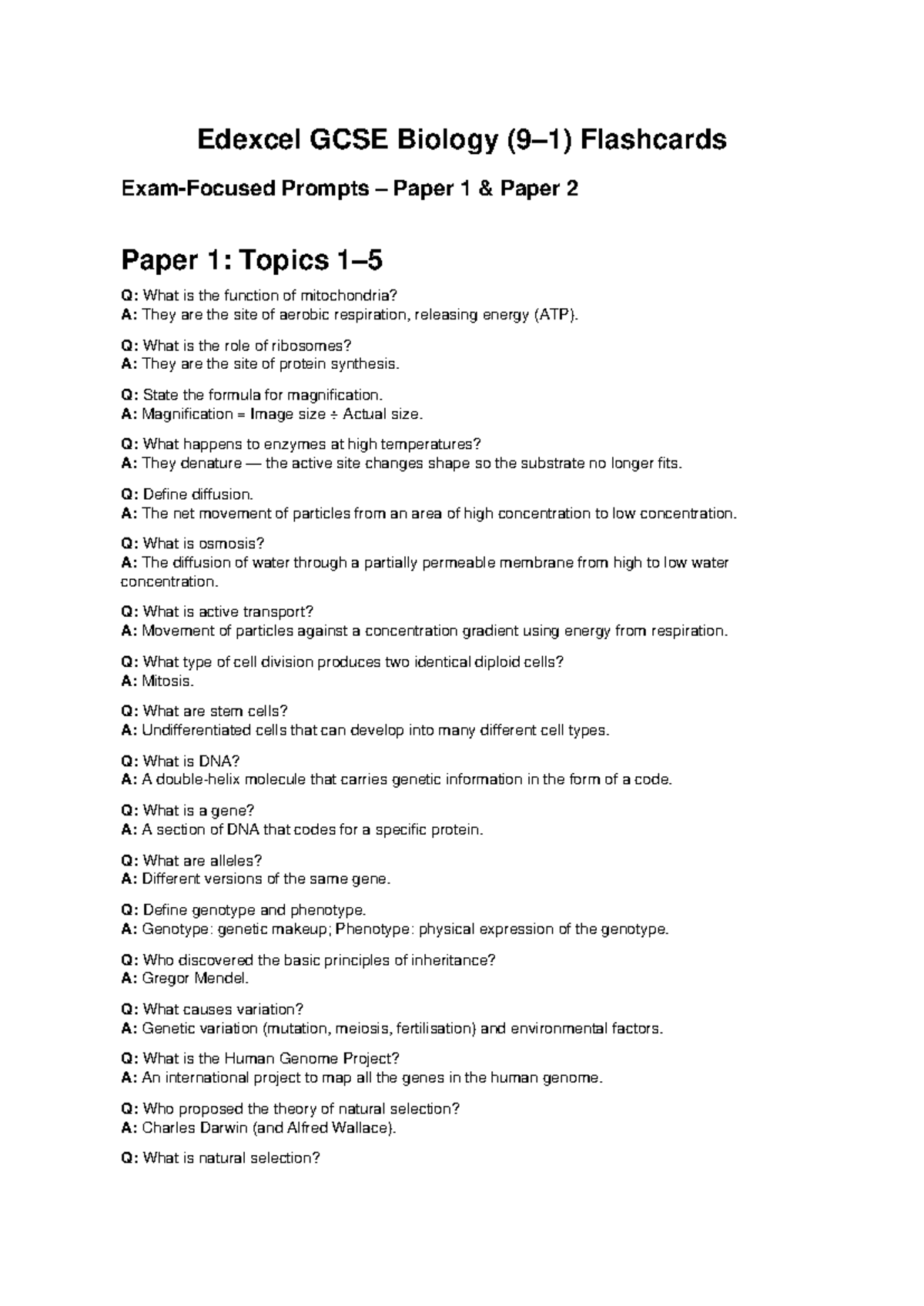 Edexcel GCSE Biology Flashcards: Key Concepts for Paper 1 & 2 - Studocu