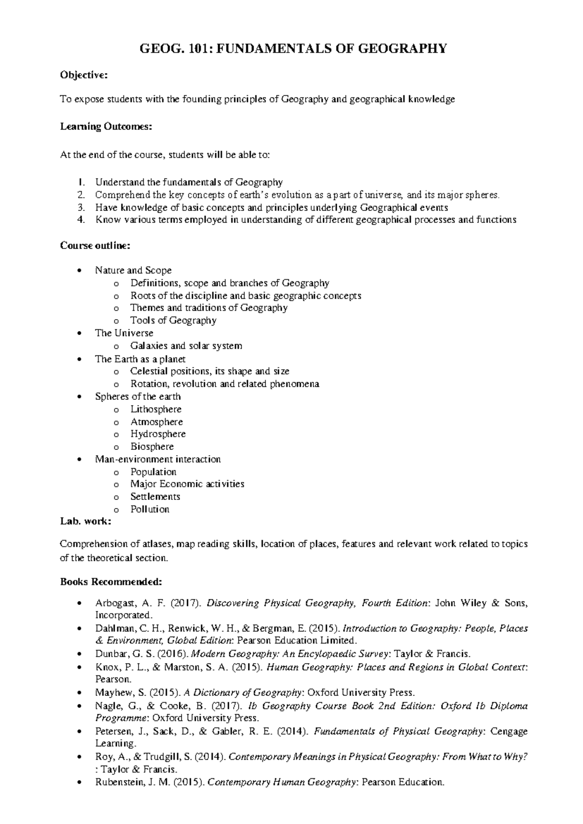 GEOG. 101: Fundamentals of Geography - Course Overview & Outcomes - Studocu