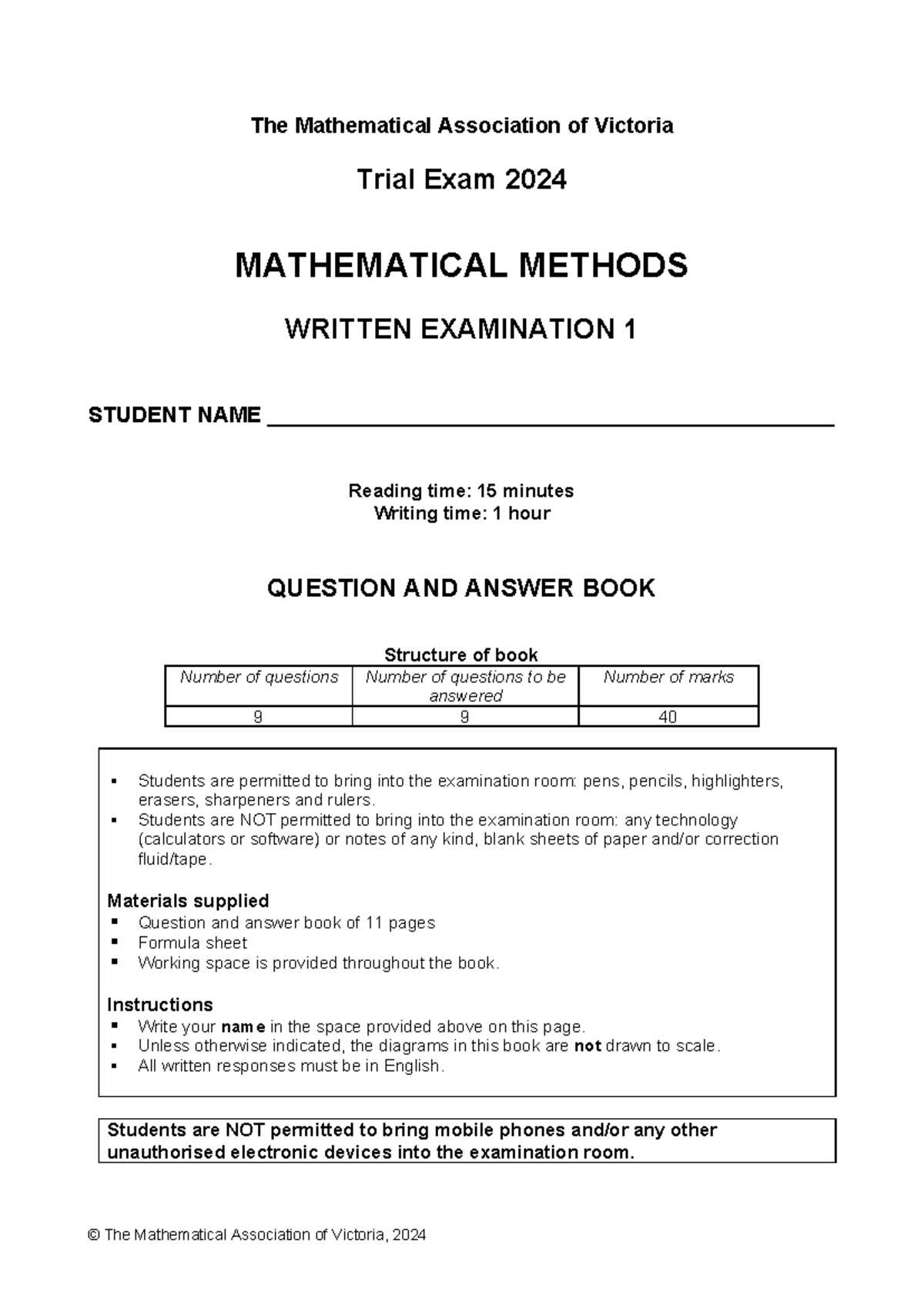 MAV 2024 Mathematical Methods Trial Exam 1 Questions and Answers - Studocu