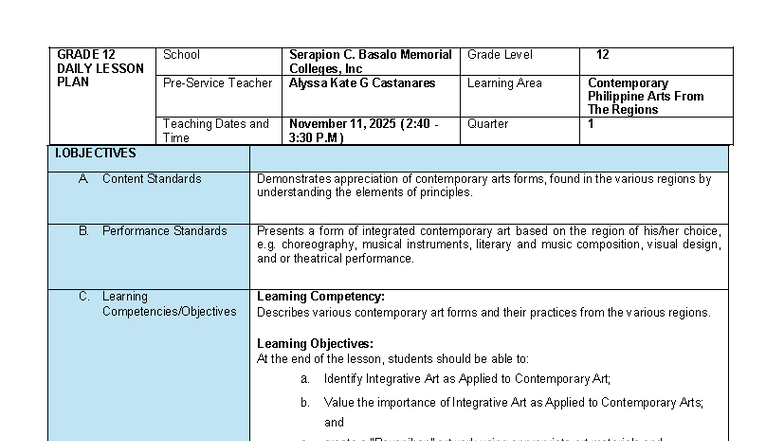 GRADE 12 DAILY LESSON PLAN: Integrative Art in Contemporary Arts - Studocu