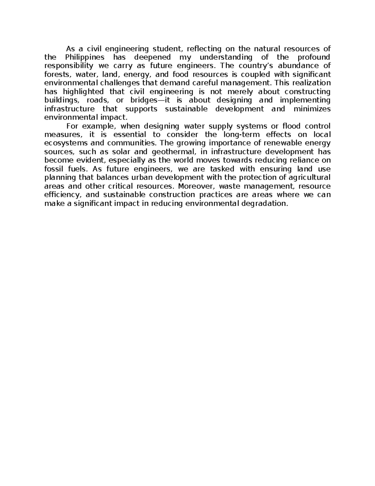 Reflection Natural Resources - As a civil engineering student ...
