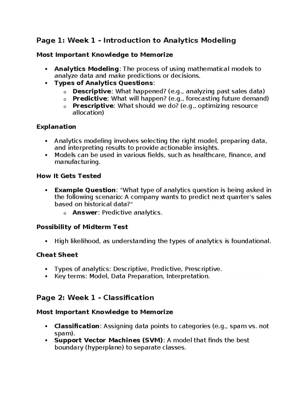 Midterm 1 Summary & Practice Questions for Analytics Modeling (MATH 302 ...