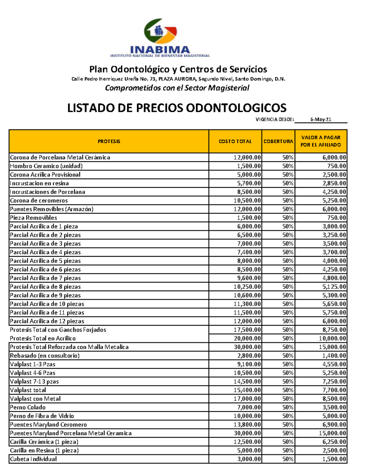 Tarifas de Procedimientos Odontológicos y Prótesis Total en SRD - Studocu
