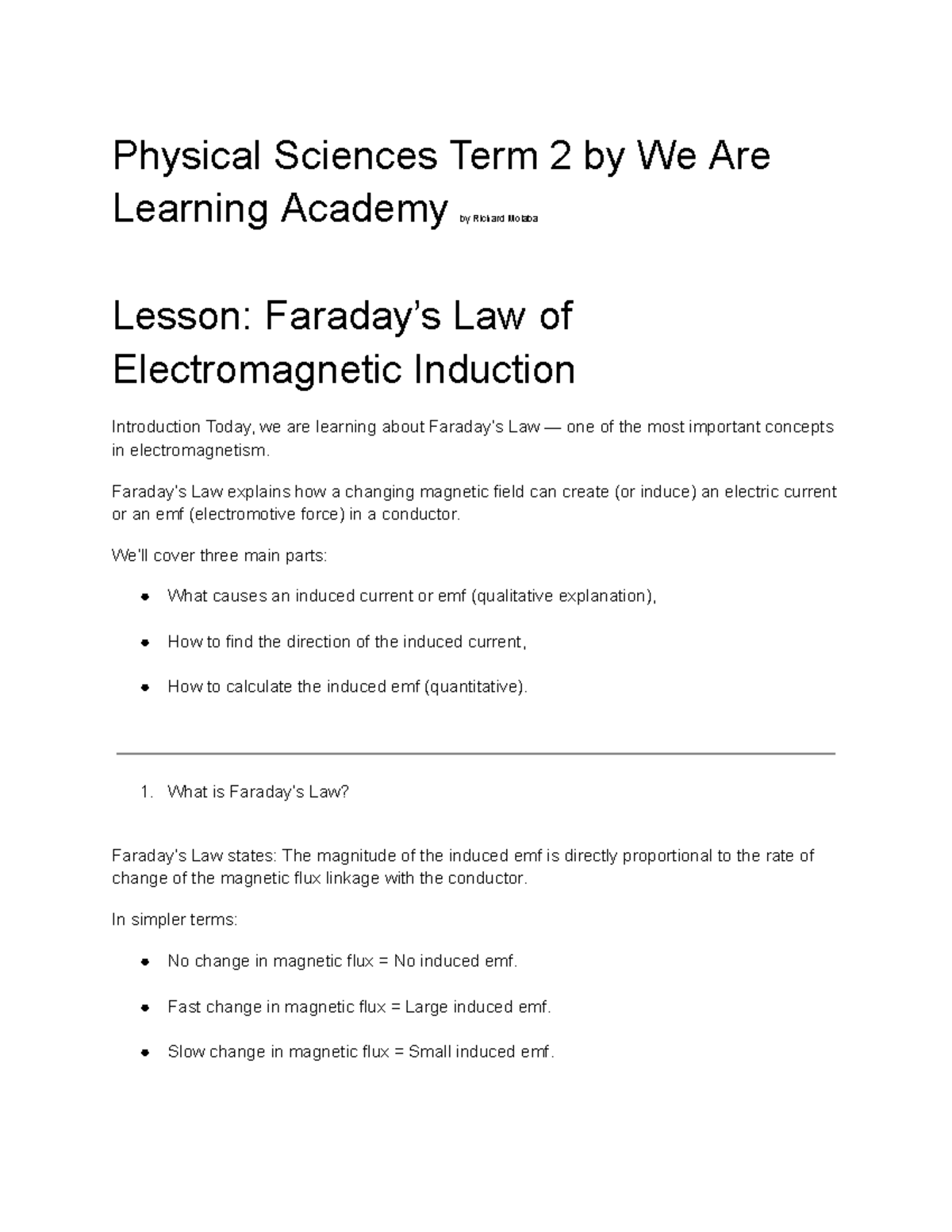 Physical Sciences Term 2: Lesson on Electromagnetic Induction Concepts ...