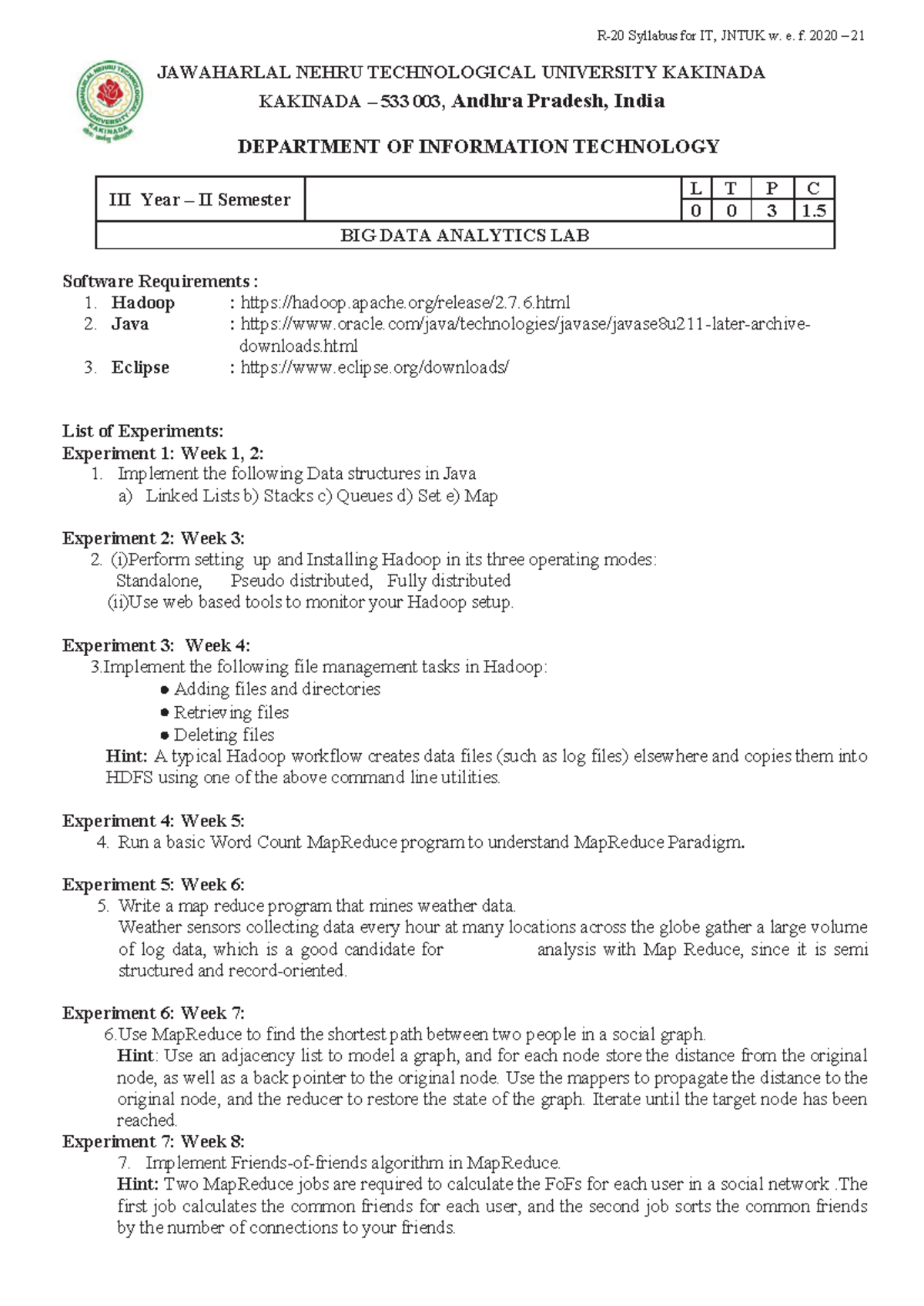 BDA LAB - Big Data Analytics Experiments Syllabus (R20, JNTUK) - Studocu