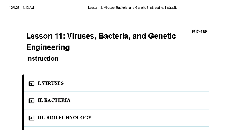 Lesson 11 Overview: Viruses, Bacteria, and Genetic Engineering (BIO156 ...