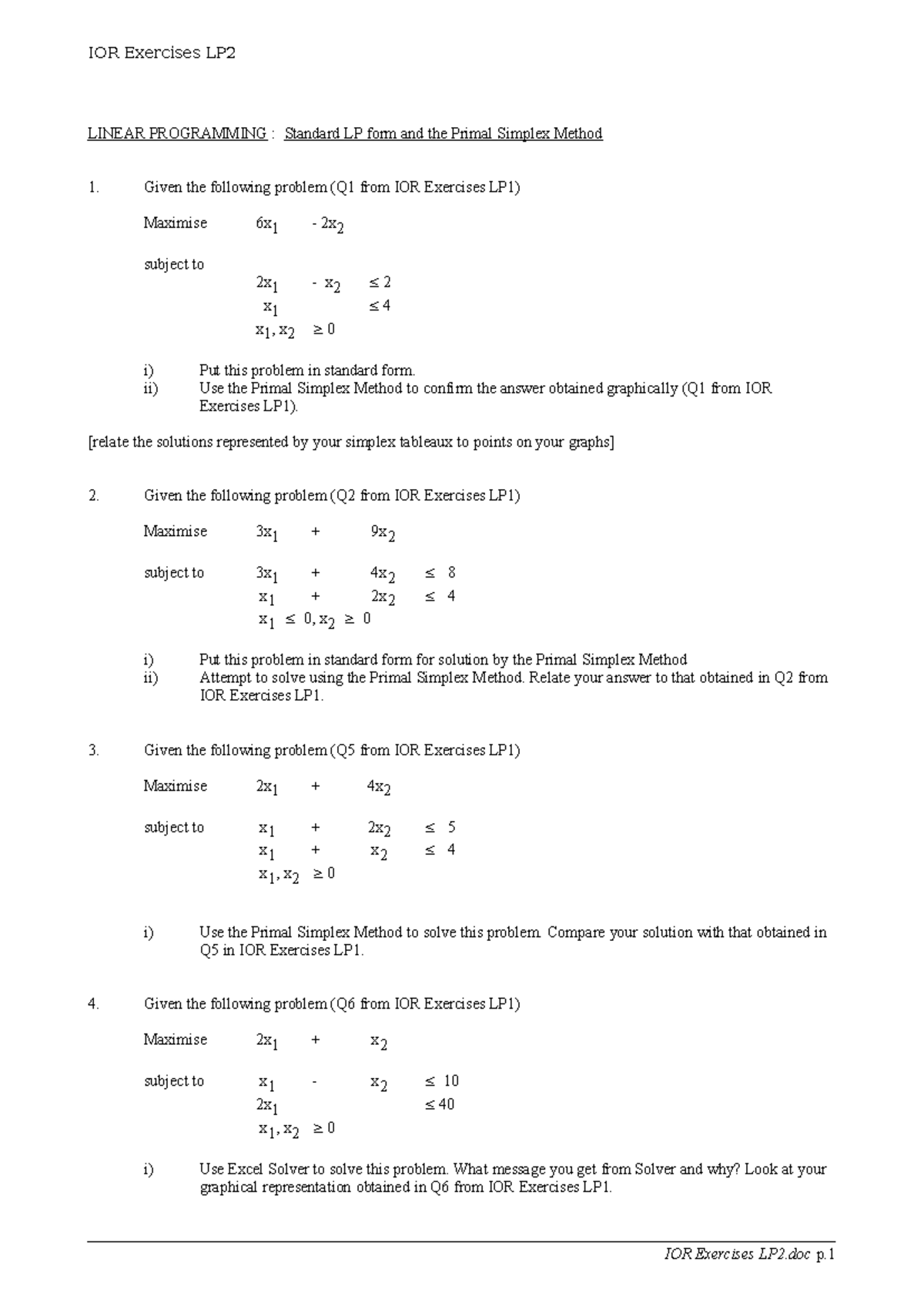 IOR Exercises LP2: Primal Simplex Method Applications and Solutions ...