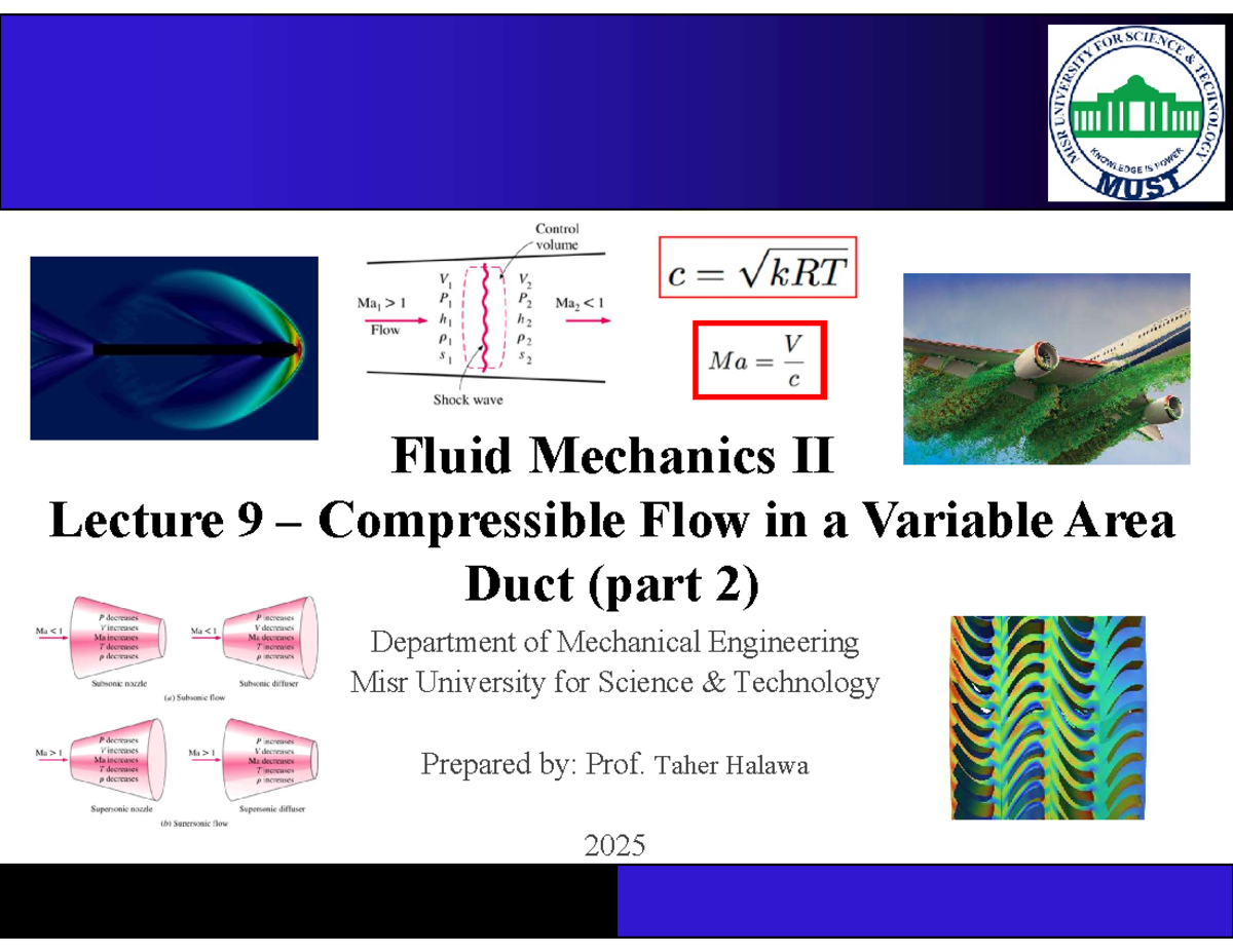 Lecture 9 - Compressible Flow in Variable Area Ducts (ME313) - Studocu