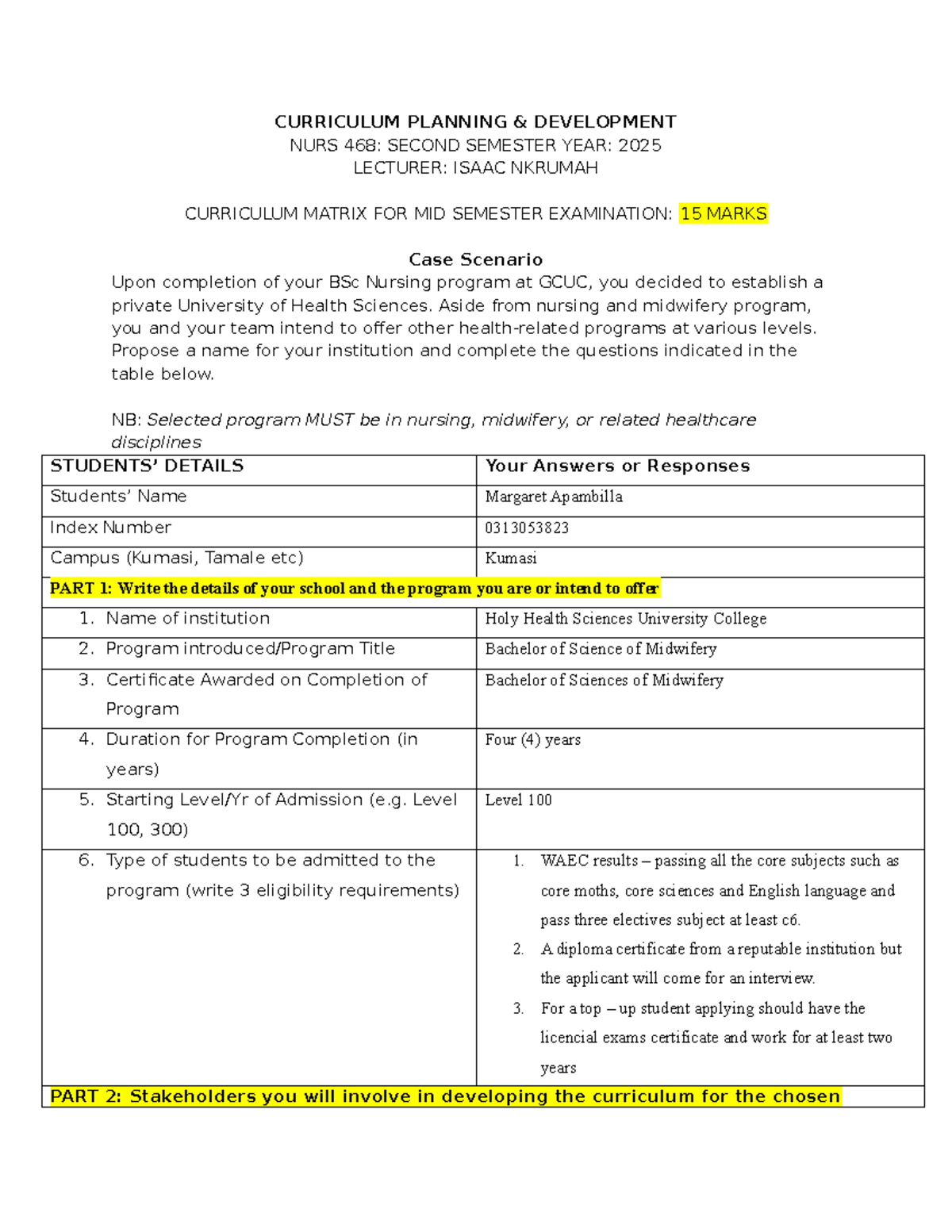 Curriculum Matrix - CURRICULUM PLANNING & DEVELOPMENT NURS 468: SECOND ...