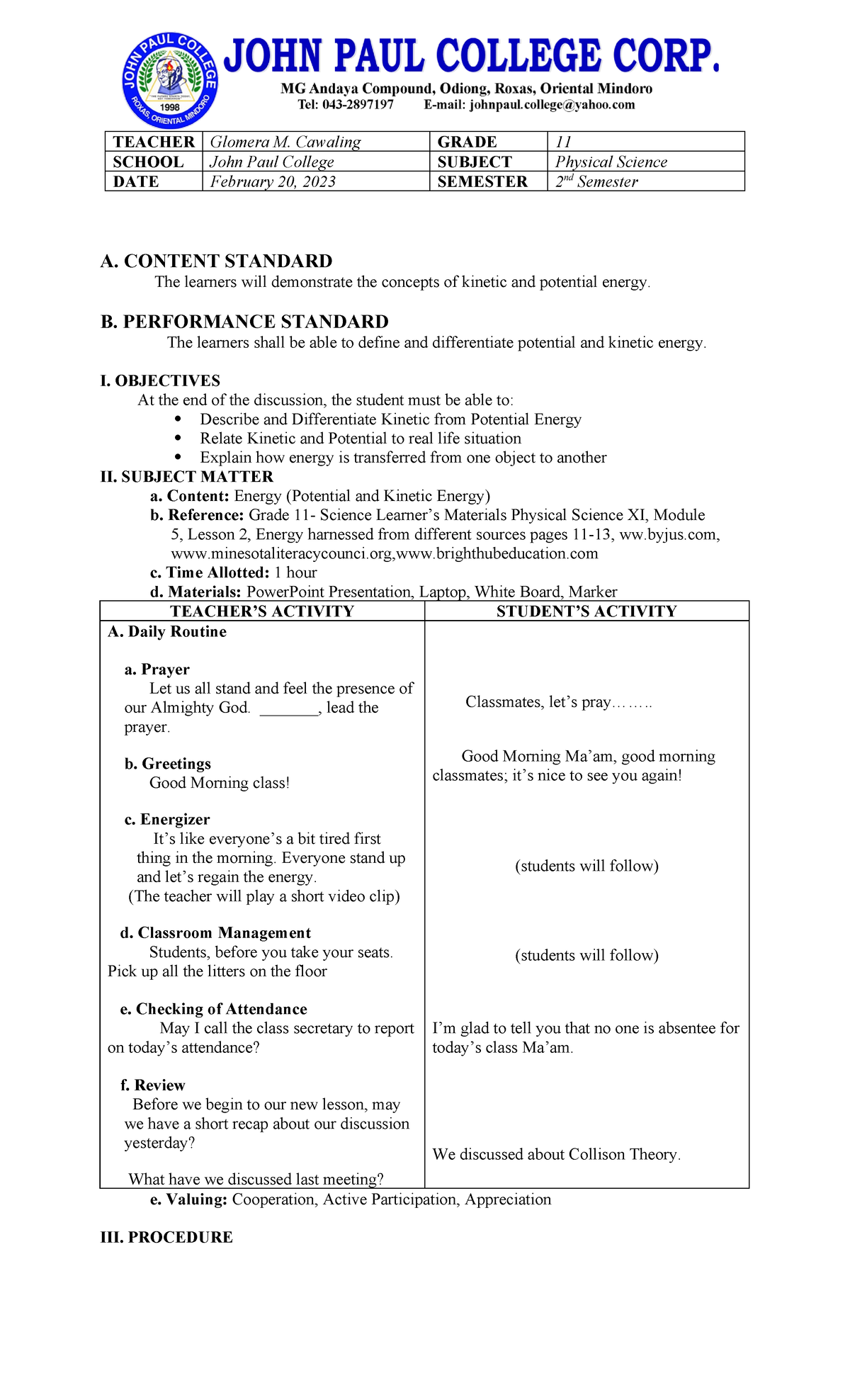 Grade 11 Physical Science Energy Demo (LP) - Kinetic & Potential ...