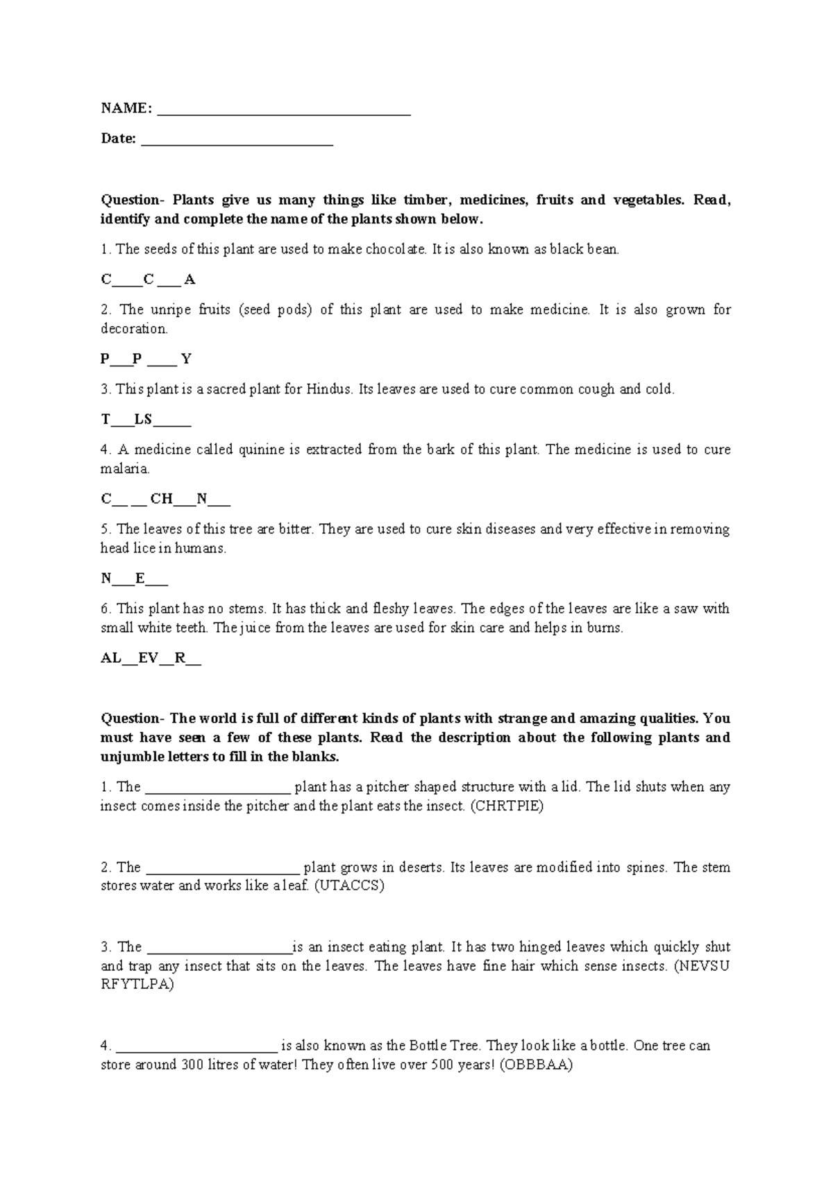 Plants and Animals: Class 5 & 6 - Identification & Quiz Exercises - Studocu