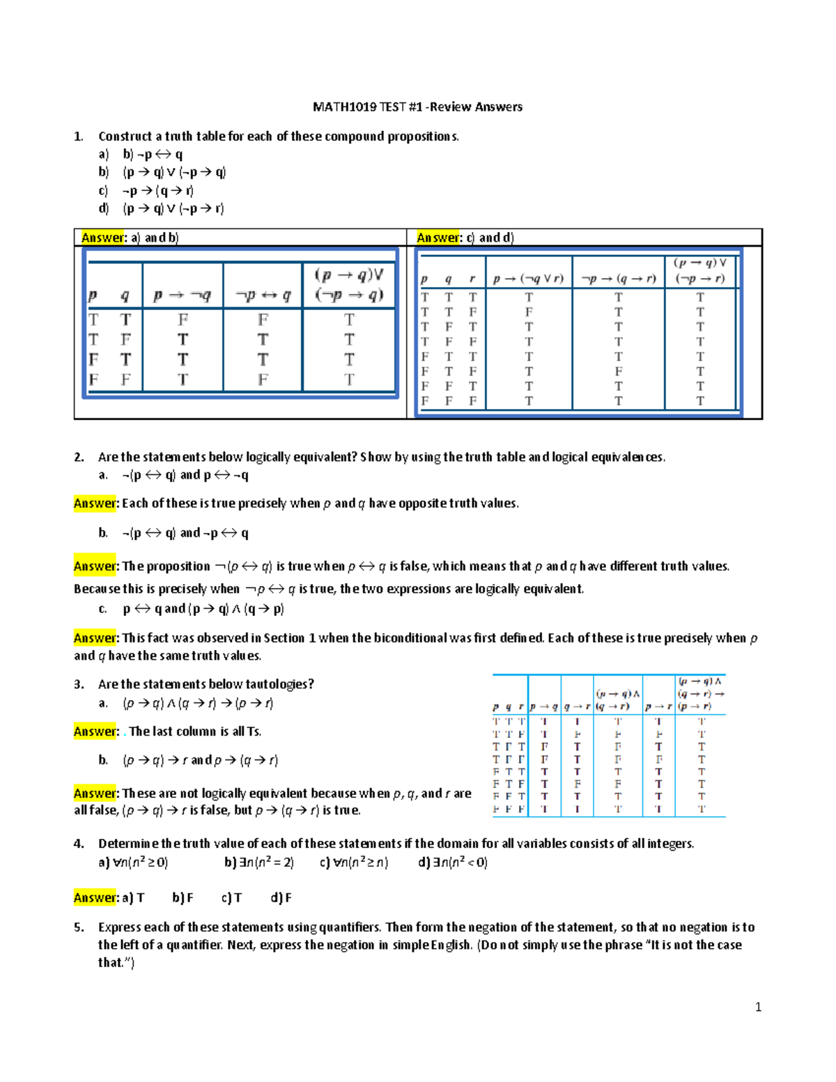 MATH1019 TEST#1 Review: Truth Tables & Logical Equivalences - Studocu