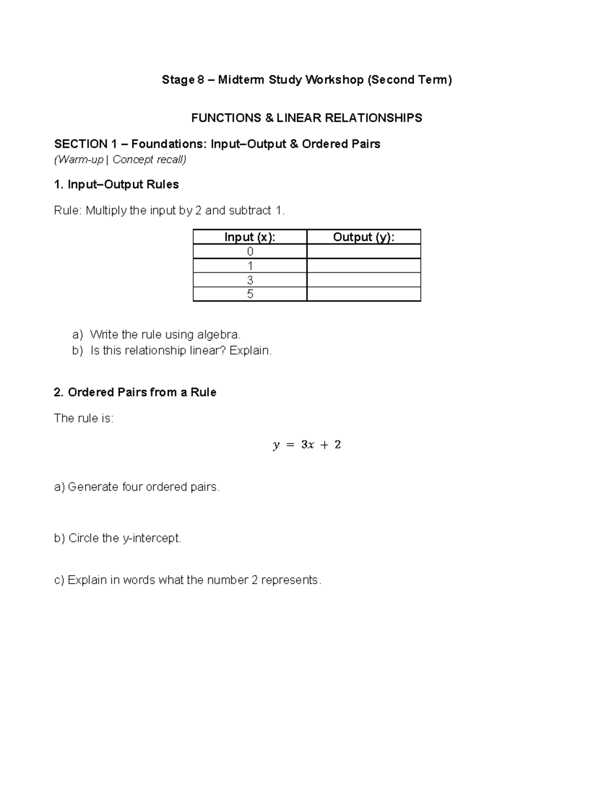 Stage 8 - Midterm Study Workshop: Linear Relationships & Functions ...