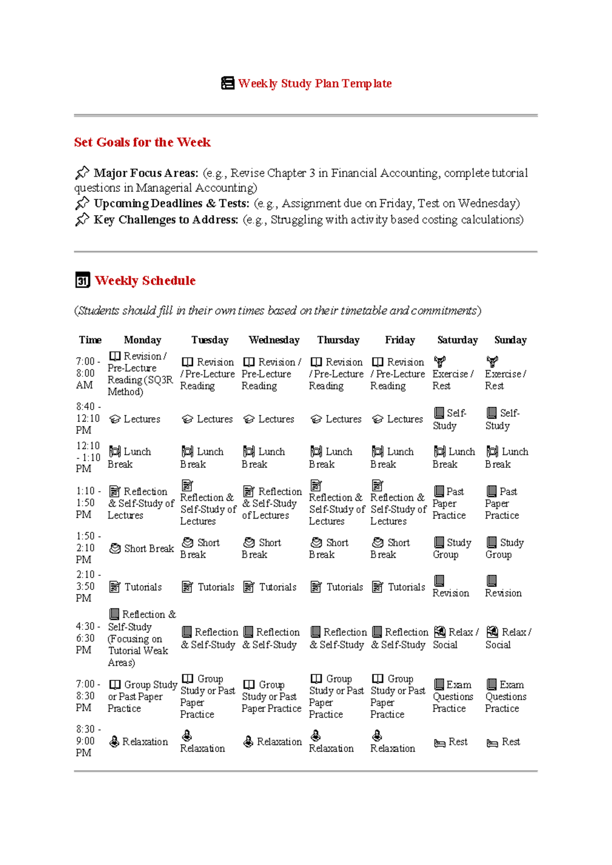 Weekly study plan template for effective goal setting and revision ...