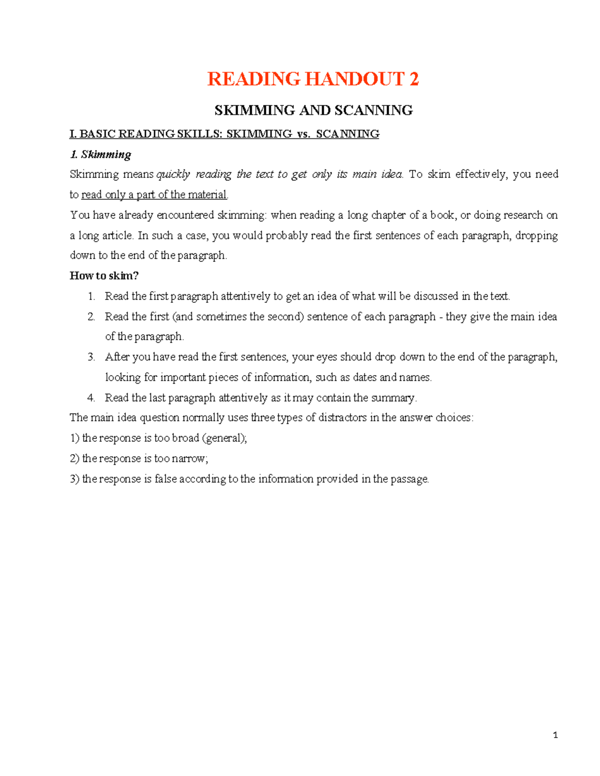 Reading Handout 2: Skimming and Scanning Strategies in English - Studocu