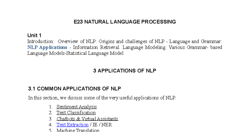 E23 NATURAL LANGUAGE PROCESSING Unit 1: Intro to NLP & Applications - Studocu