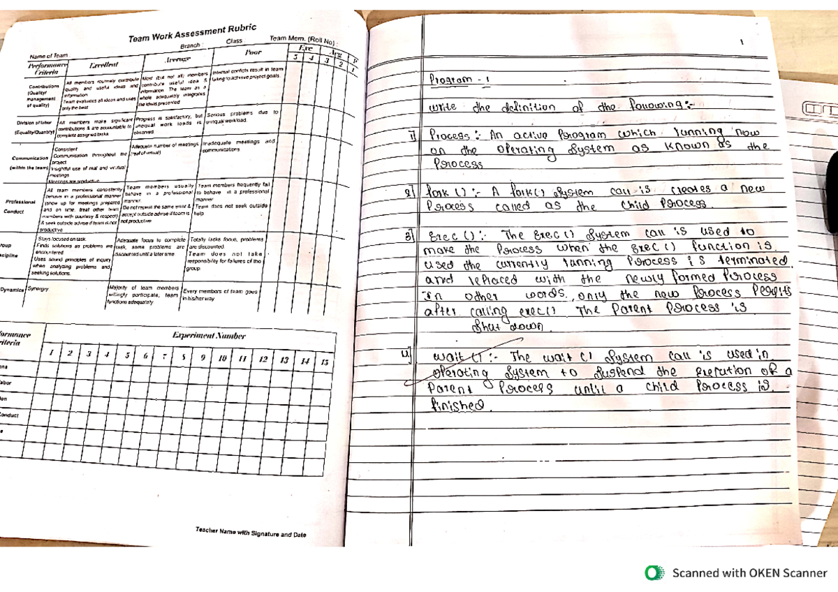 OS Journal - Team Work Assessment Class Rubric Team Mem. (Roll No) Branch Erc Poor Arg Name of ...