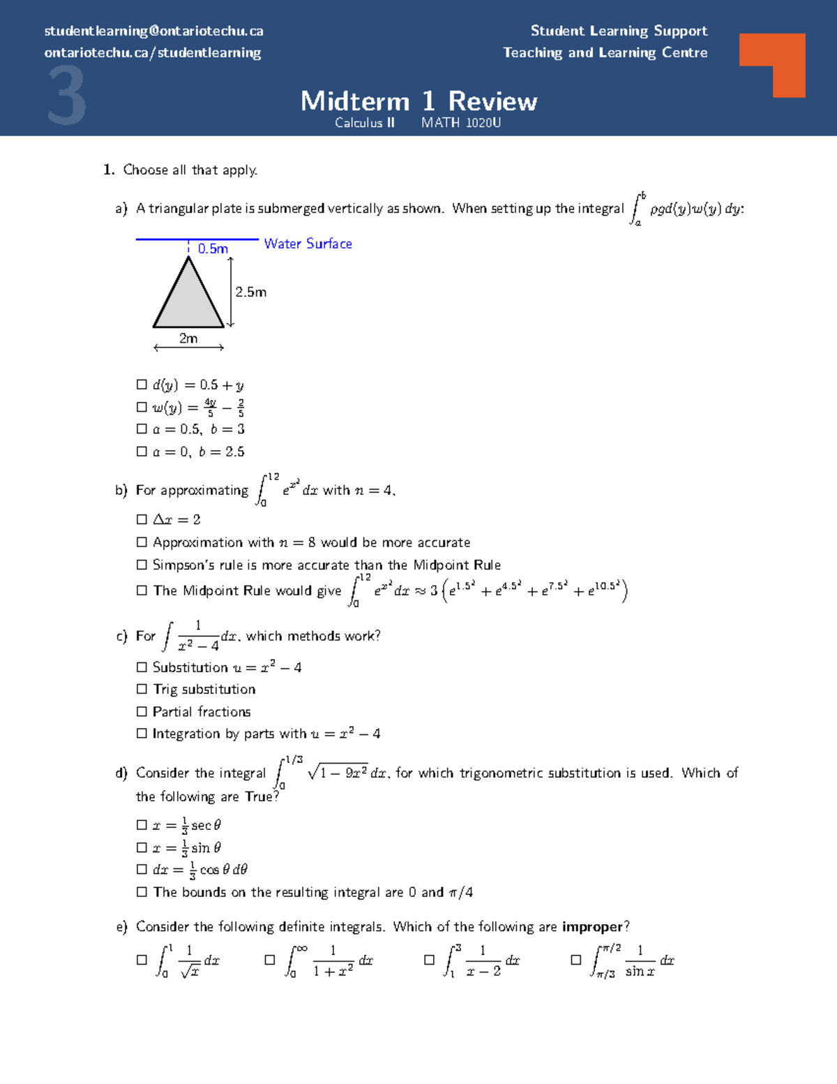 Midterm 1 Review for Calculus II MATH 1020U: Integral Techniques and ...