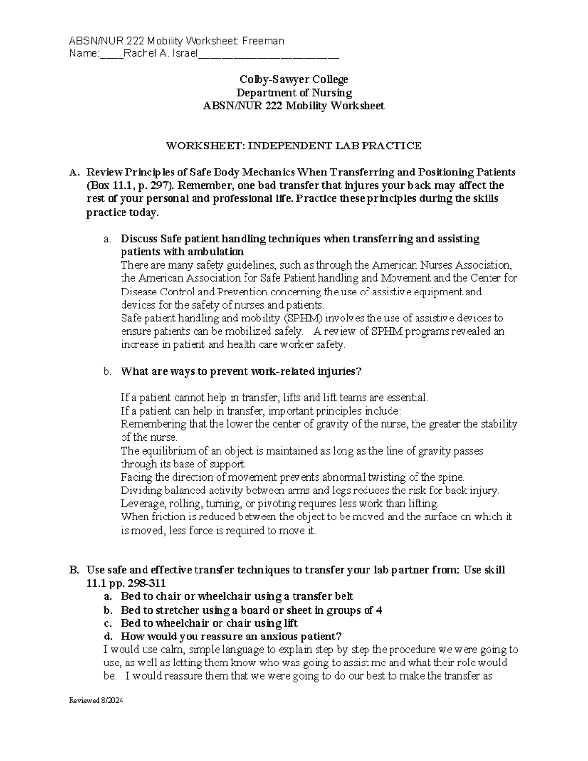 Final Mobility Lab Worksheet: Nursing Techniques and Safety Guidelines ...