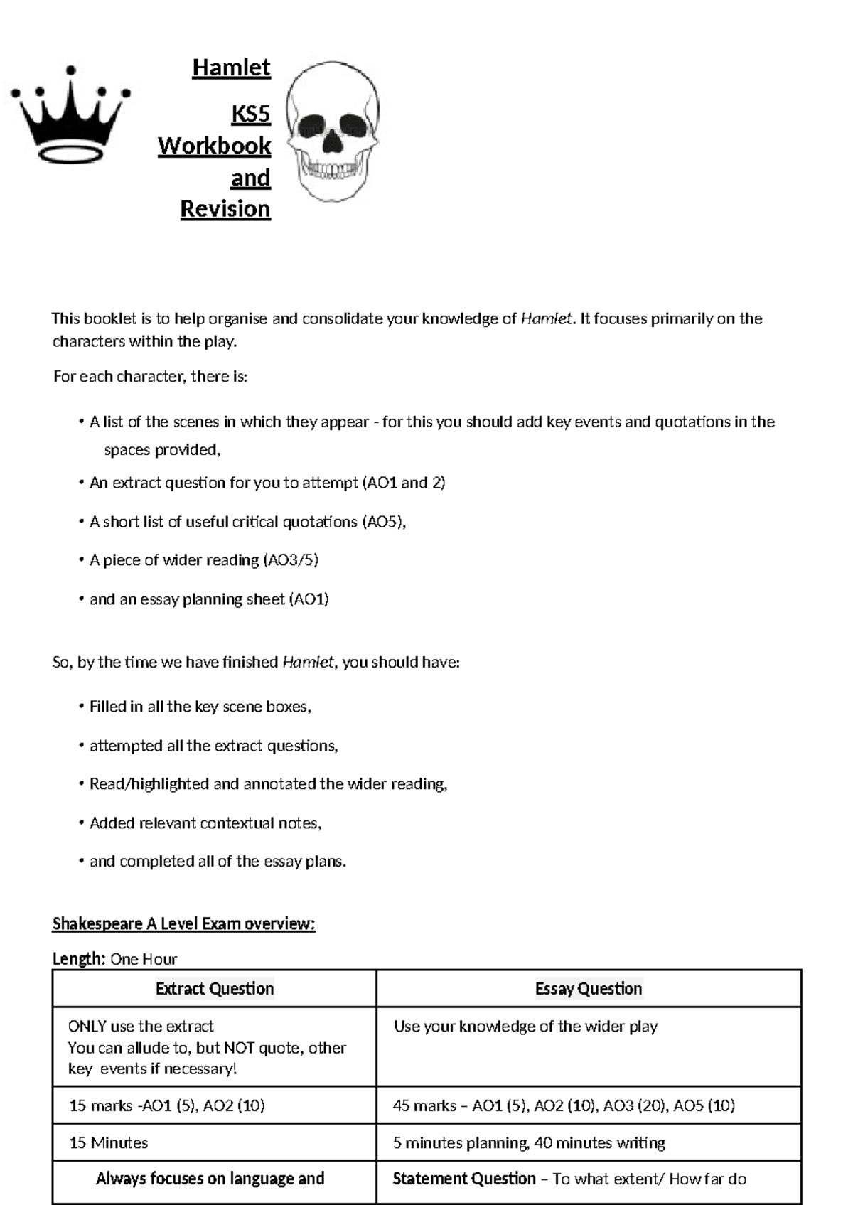 A Level English Lit: Hamlet Workbook & Revision Notes - Studocu