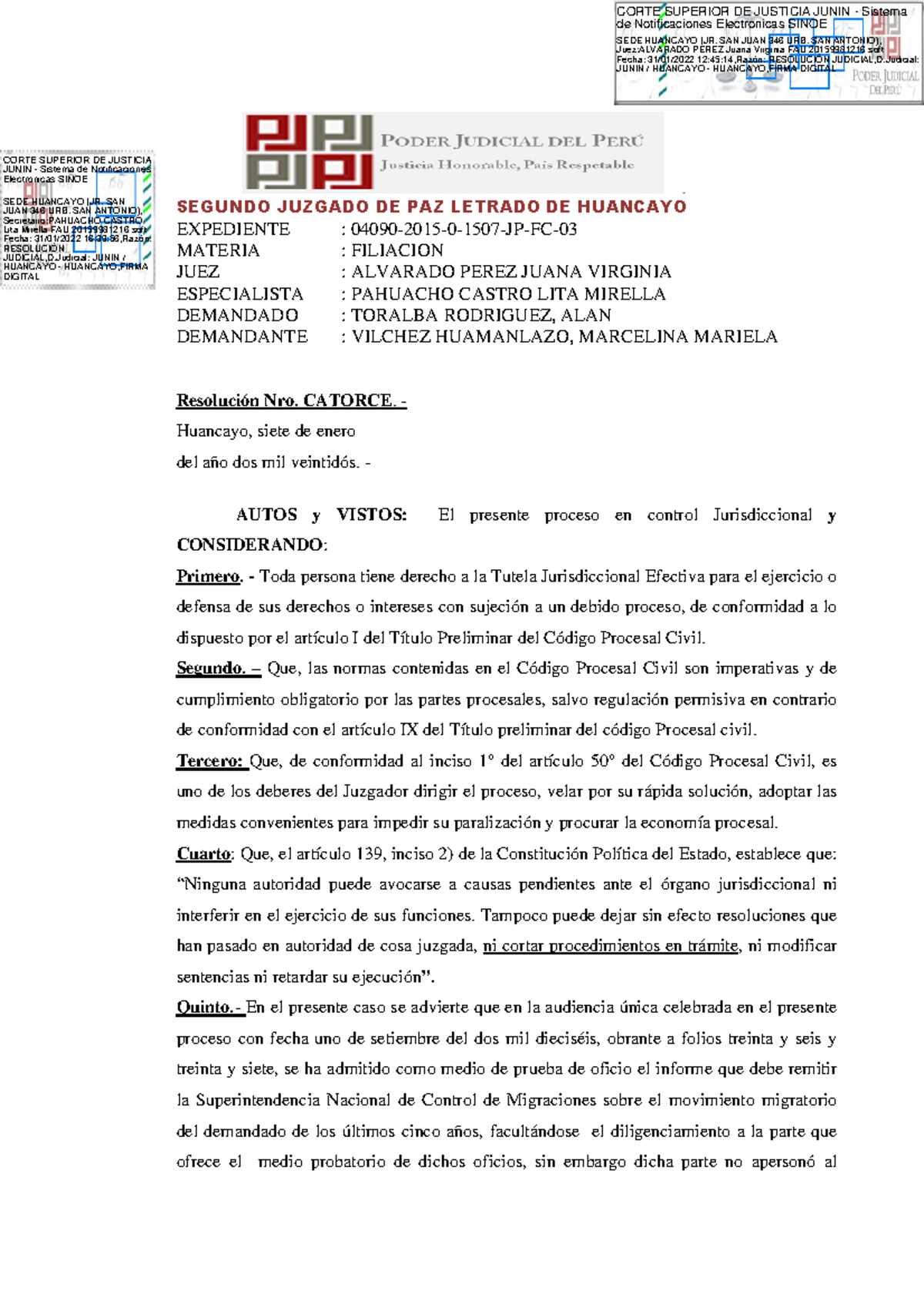 Resolución Judicial Nro. 14 - Juzgado de Paz Letrado Huancayo FAU ...