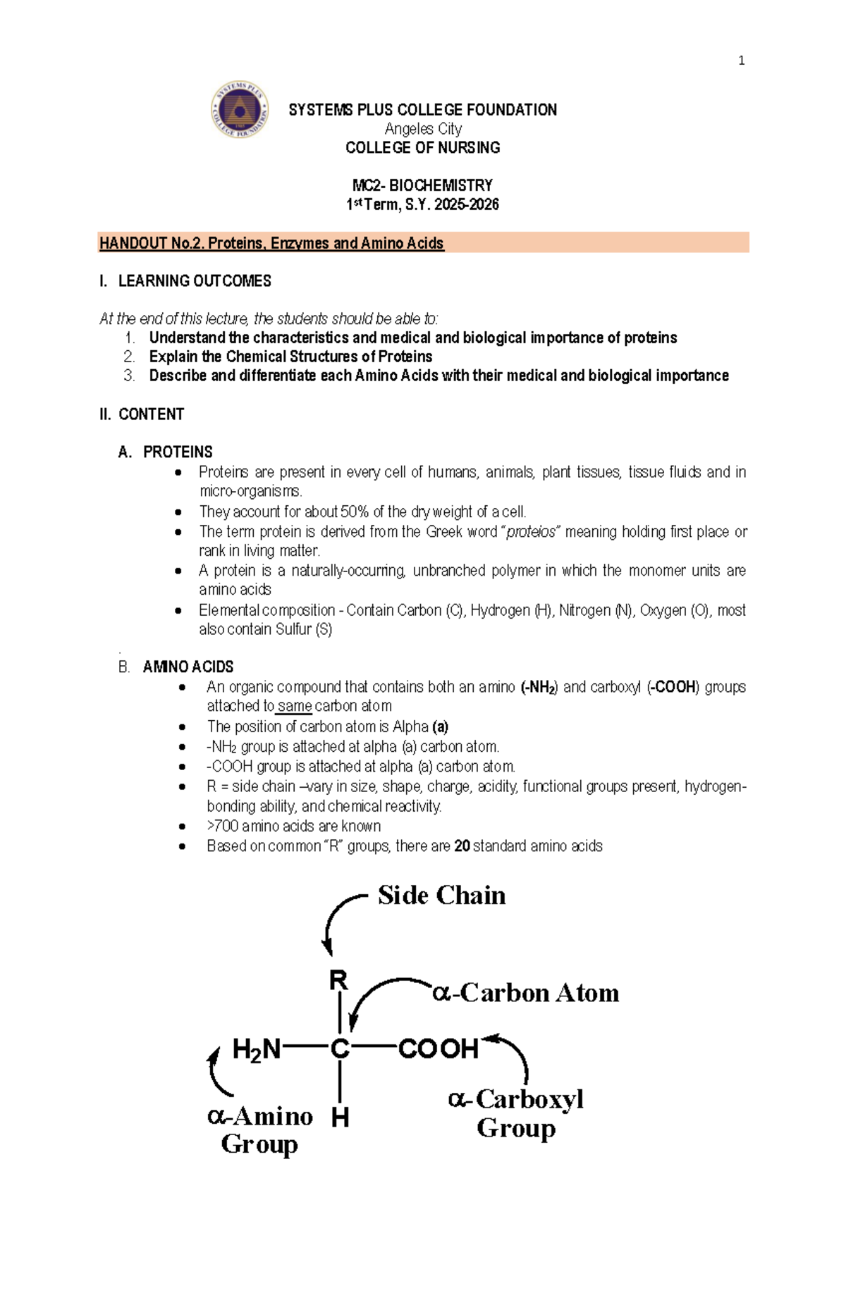 Handout 2. Proteins, Enzymes and Amino Acids - SYSTEMS PLUS COLLEGE ...
