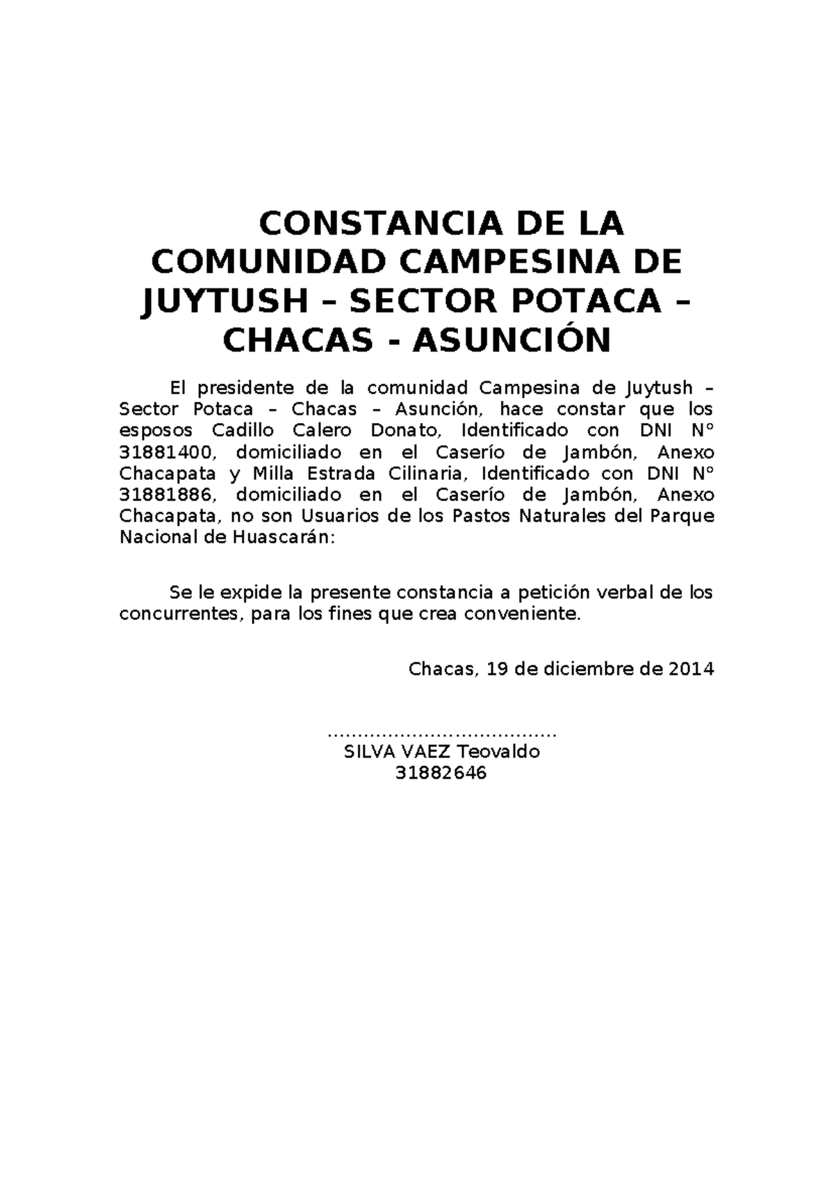 Constancia Comunidad Juytush 2014 - CONSTANCIA DE LA COMUNIDAD ...