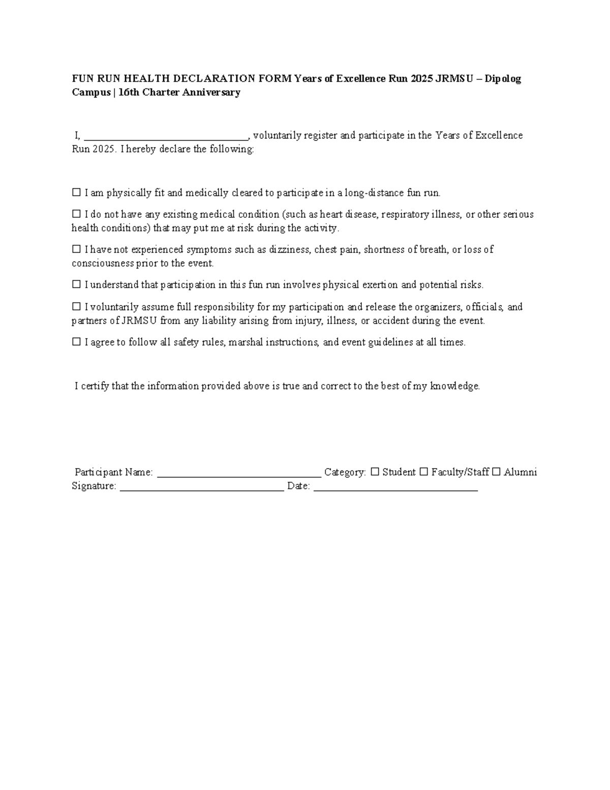 FUN RUN Health Declaration Form - Years of Excellence Run 2025 JRMSU ...