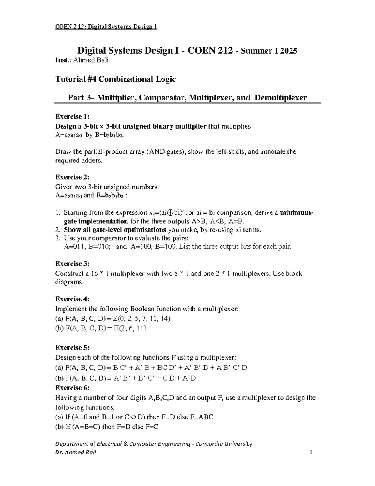 COEN 212: Digital Systems Design I - Summer I 2025 Tutorial on ...
