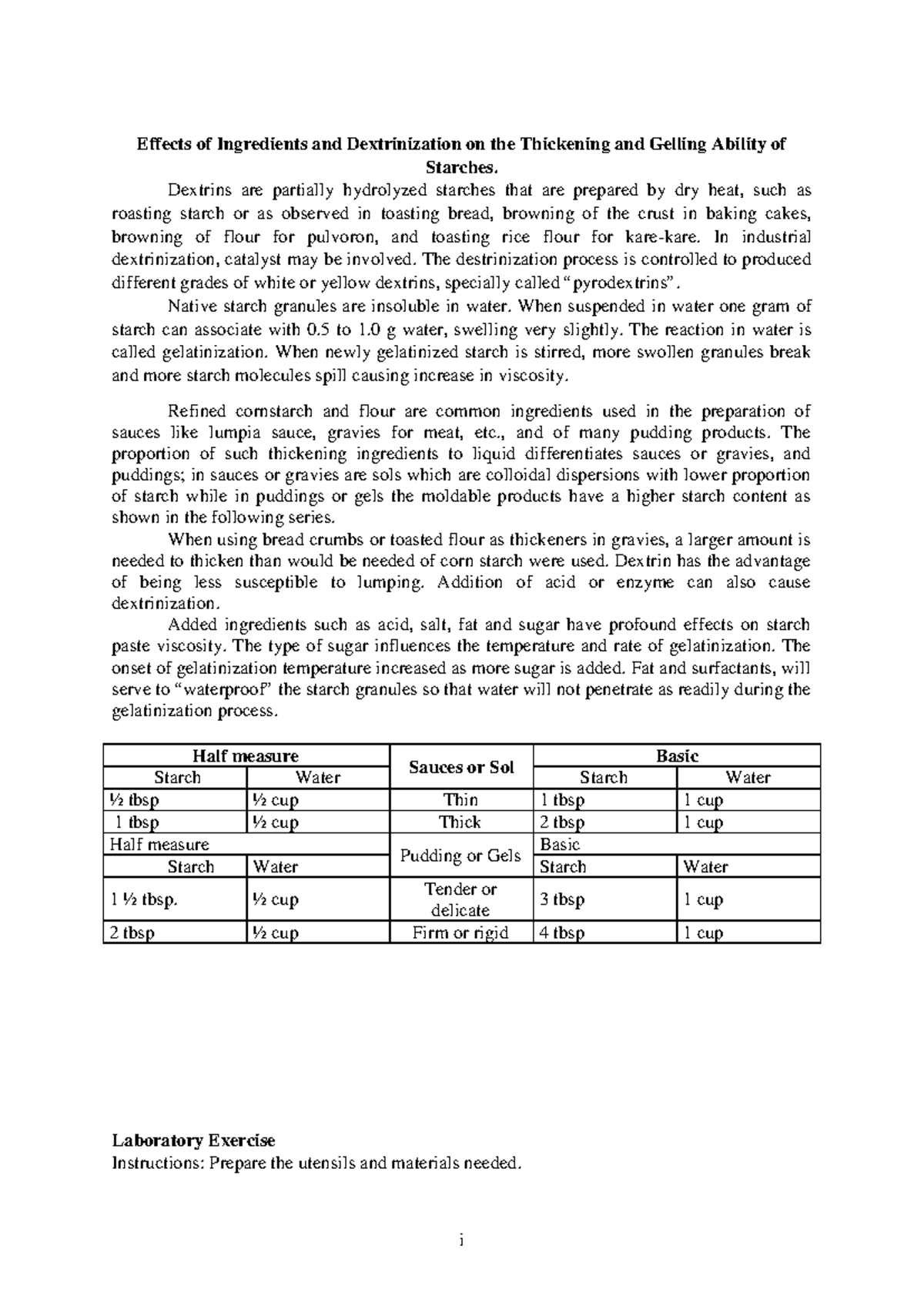 Activity 9-1 - Effects of Ingredients and Dextrinization on the ...