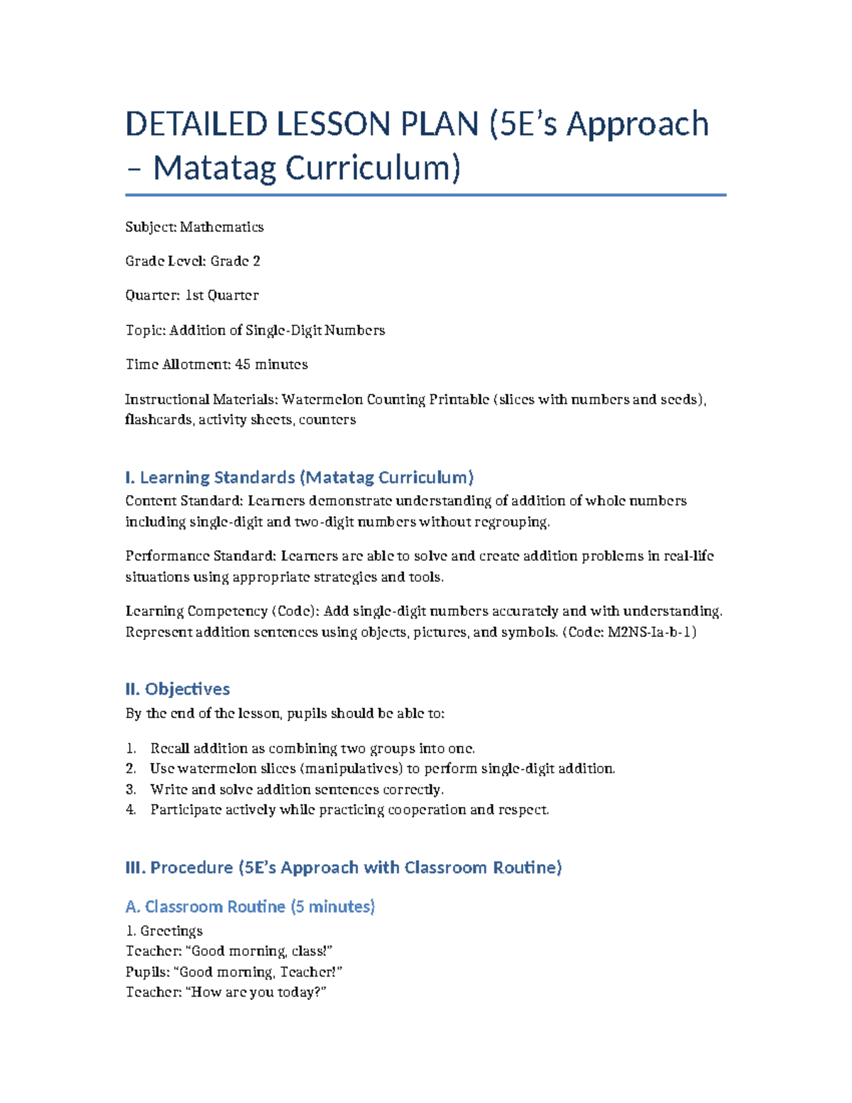 Grade 2 Math Lesson Plan: Addition with Watermelon (1st Quarter) - Studocu