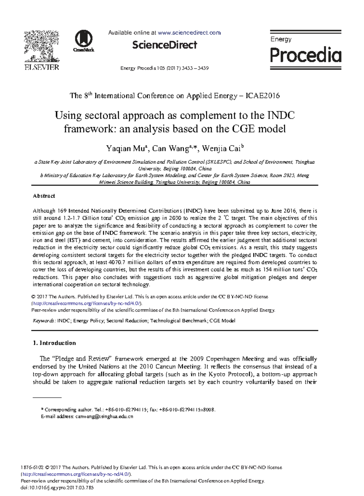 Using a Sectoral Approach to Address the INDC Emission Gap: ICAE2016 ...