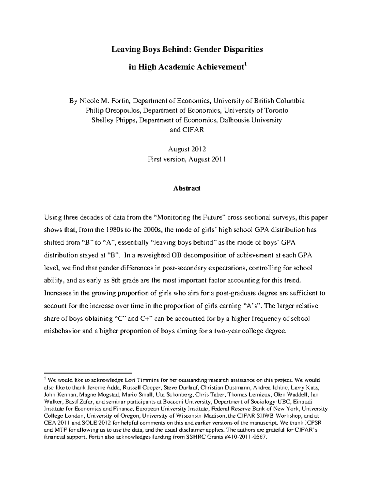 Leaving Boys Behind: Gender Gaps in Academic Achievement (ECO 201 ...