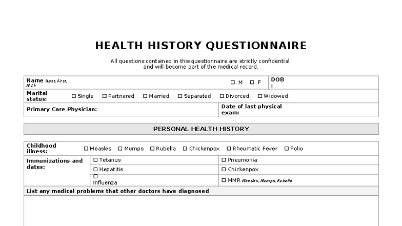 HEALTH HISTORY QUESTIONNAIRE: Comprehensive Patient Assessment - Studocu
