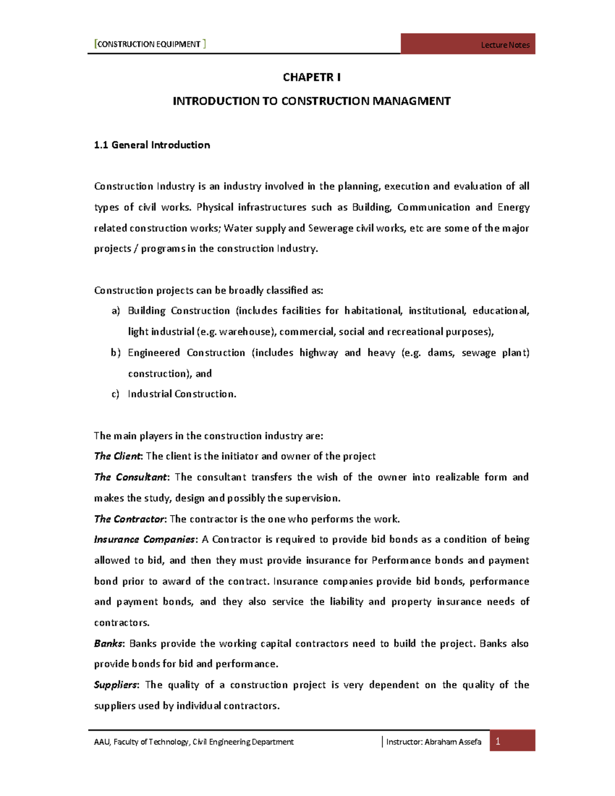 EQUIPMENT Lecture Notes: Chapter 1 - Intro to Construction Management ...