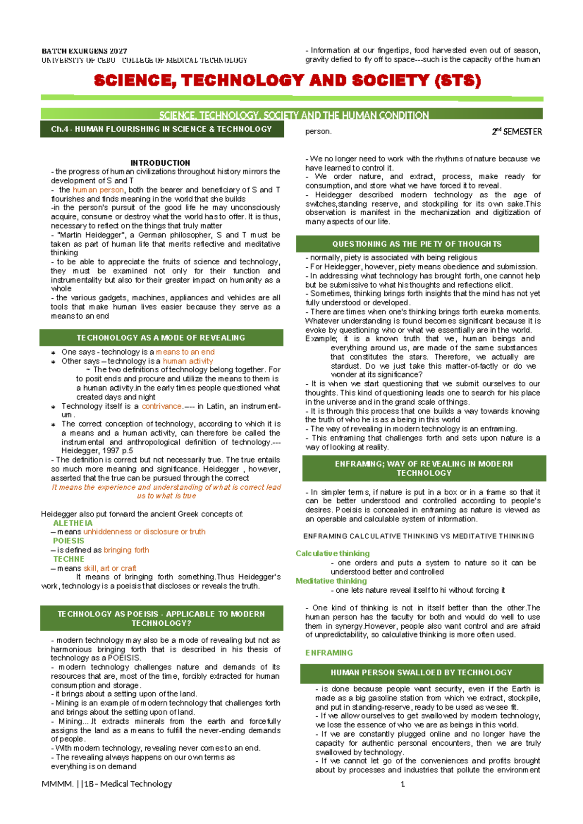L4 - STS - notes for sts week 4 - TECHONOLOGY AS A MODE OF REVEALING ...
