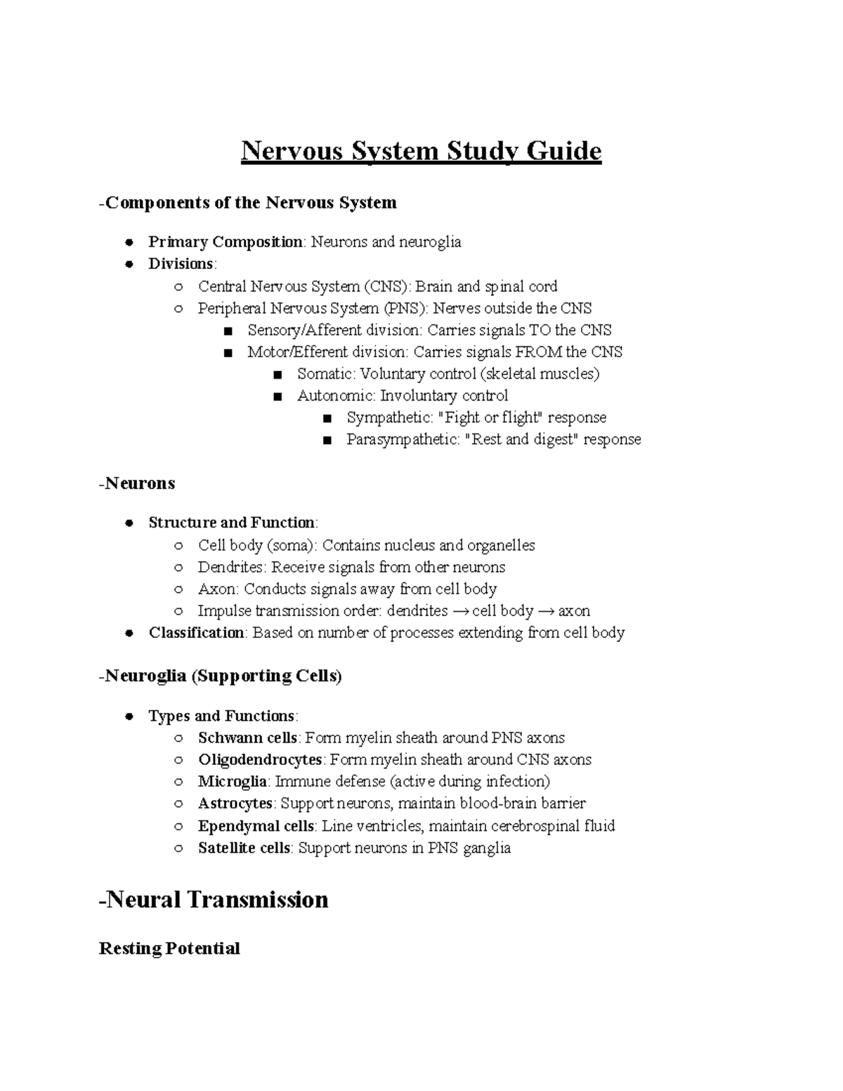 Nervous System Unit Test Study Guide - Structure & Functions Overview ...