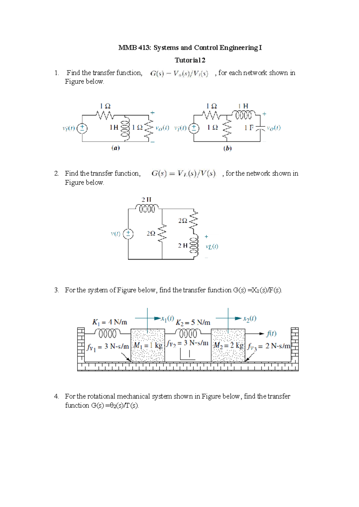 MMB 413 Tutorial 2 - PRACTICE WORK - Engineering mechanics - MMB 413: Systems and Control - Studocu