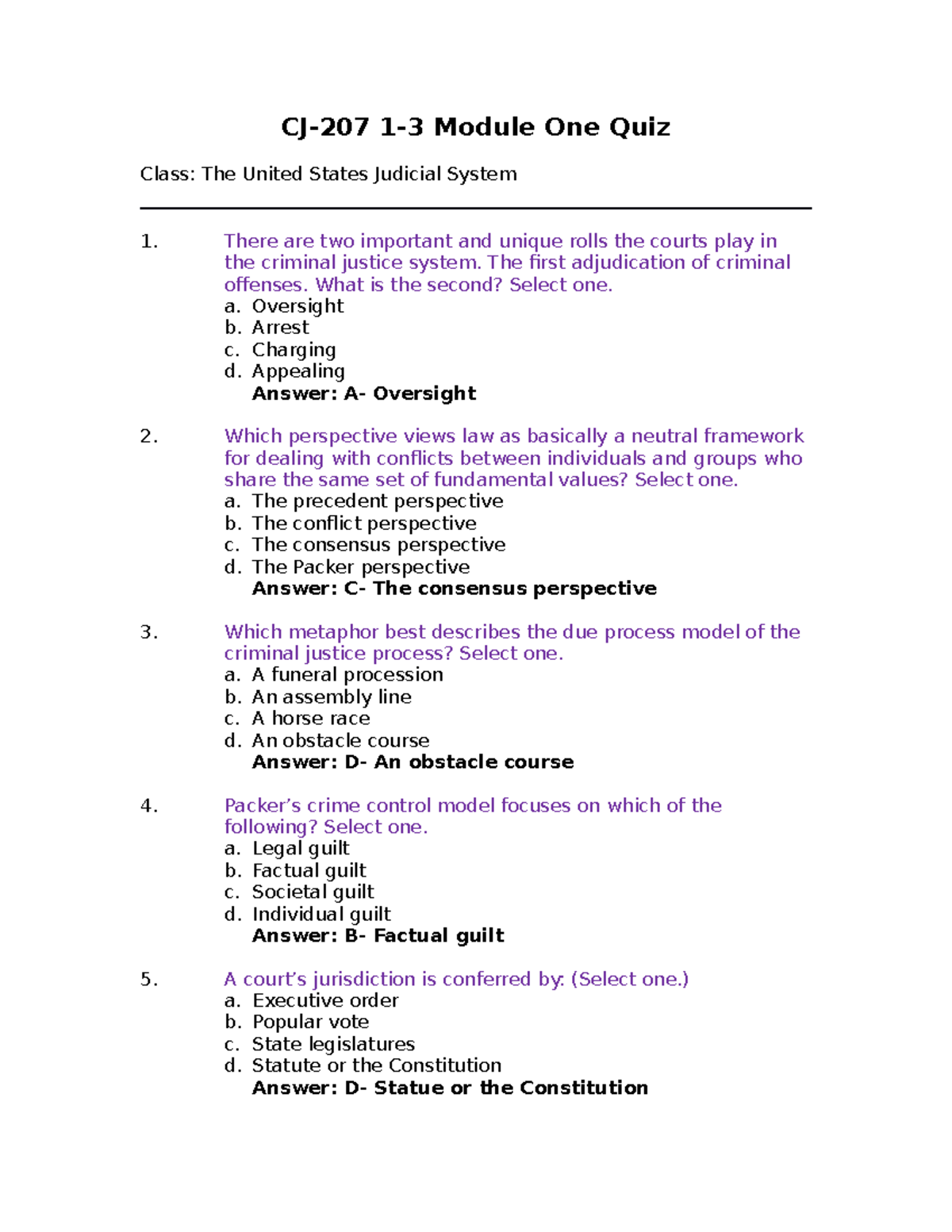 CJ 207 Module 1 Quiz - US Judicial System Overview and Questions - Studocu
