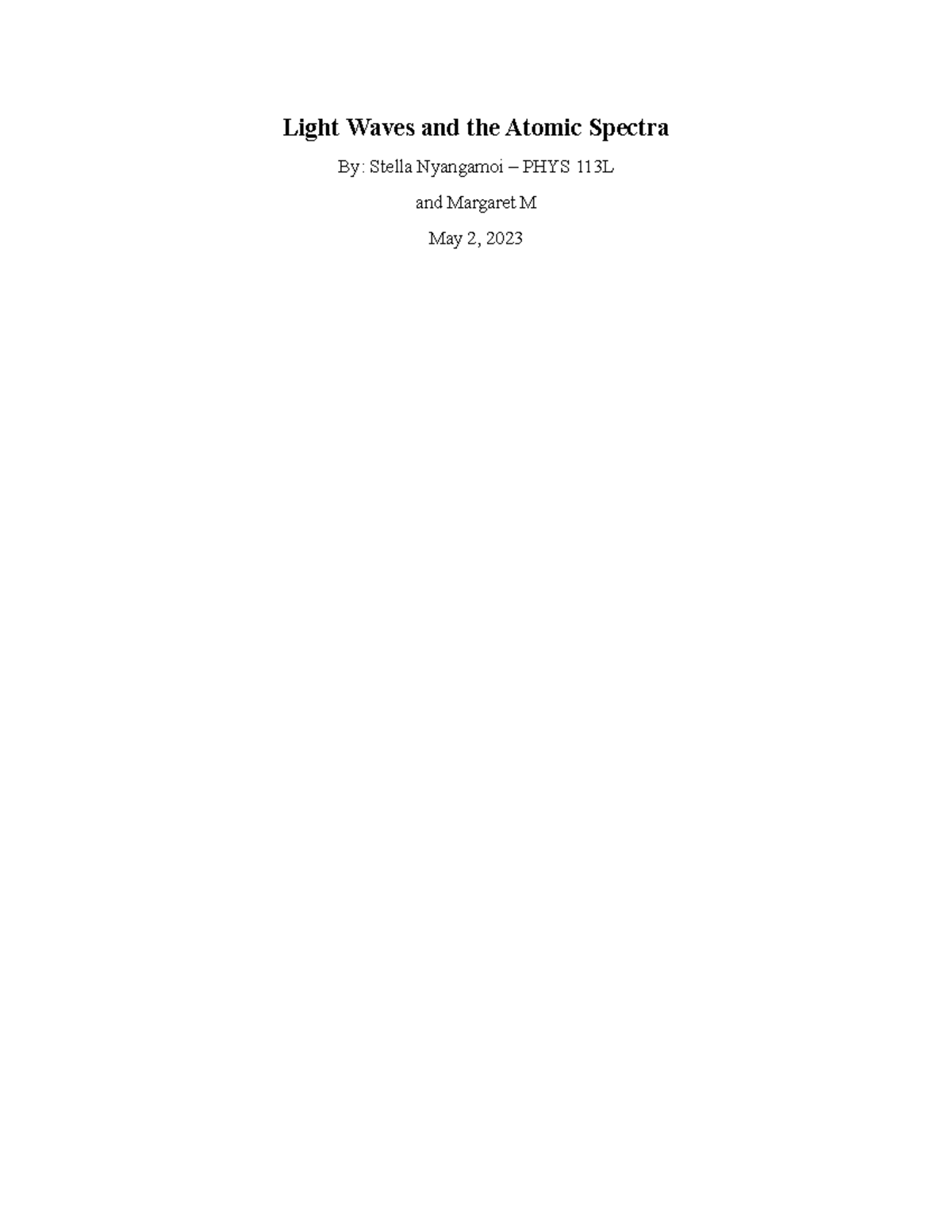 Atomic Spectra Lab Report: Light Waves & Emission Analysis PHYS 113L ...