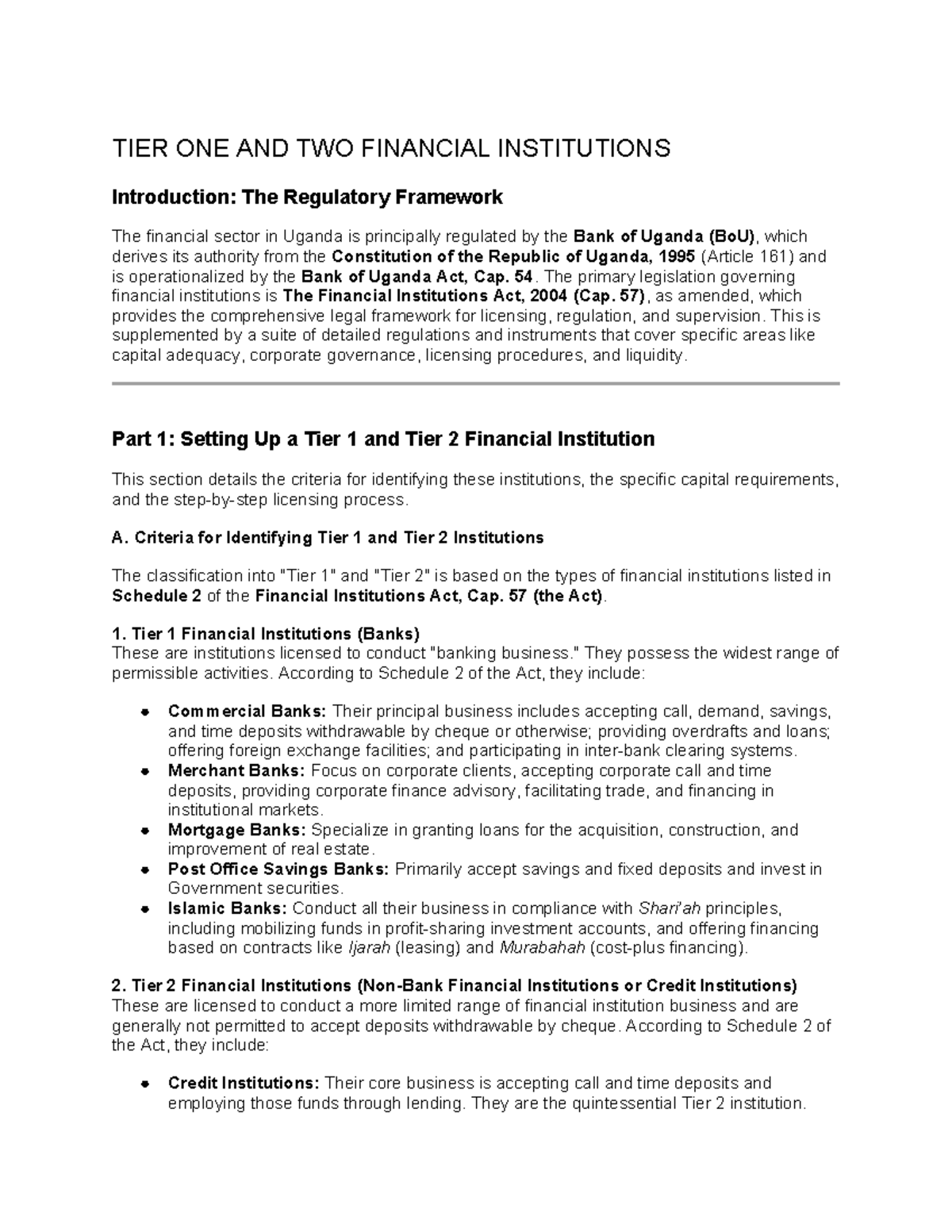 Financial Institutions Licensing & Regulatory Framework: TIER 1 & 2 ...