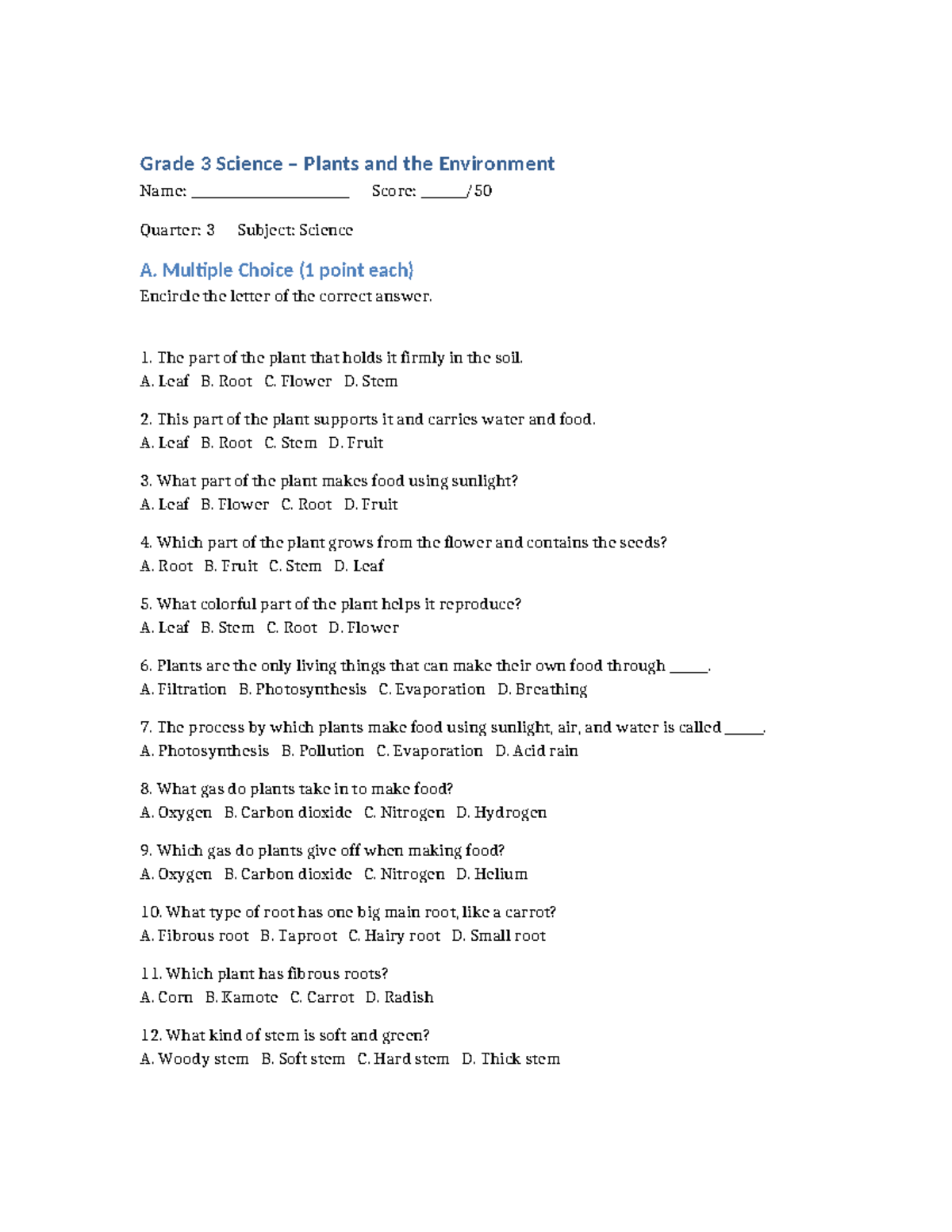 Grade 3 Science: Plants & Environment Test with Answer Key - Studocu